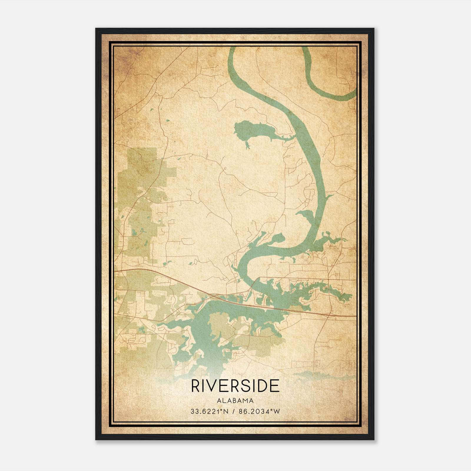 Vintage Riverside Alabama Map Poster, Riverside AL City Road Wall Art ...