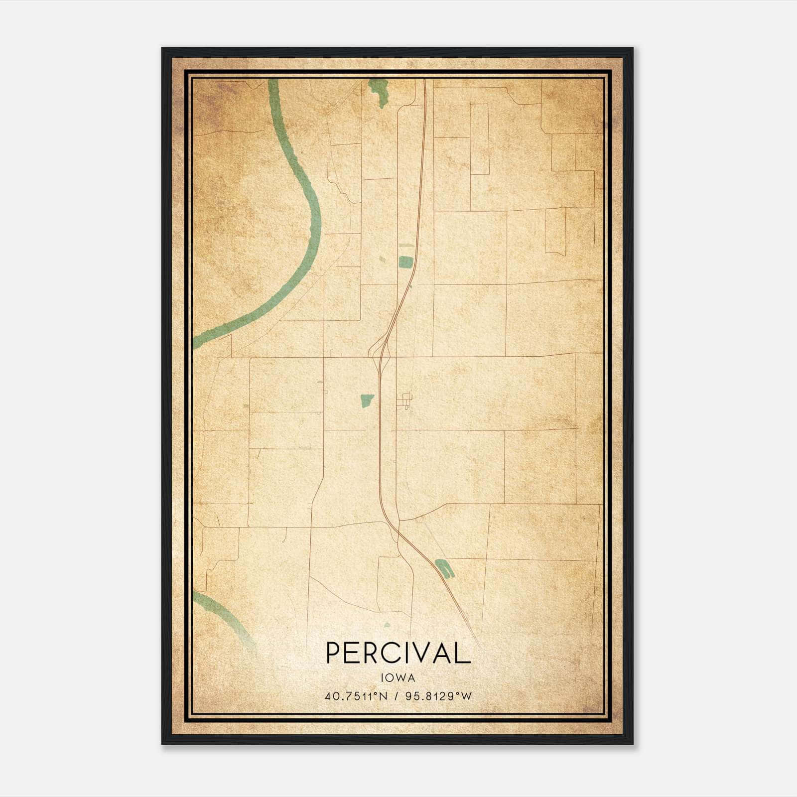 Vintage Percival Iowa Map Poster, Percival IA City Road Wall Art Print ...