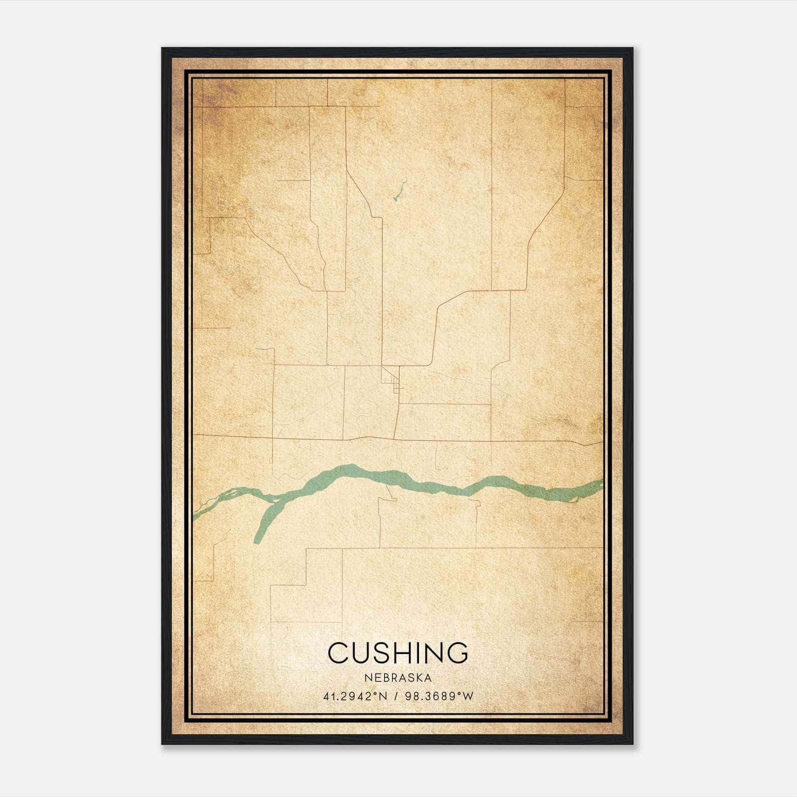 Vintage Cushing Nebraska Map Poster, Cushing NE City Road Wall Art ...