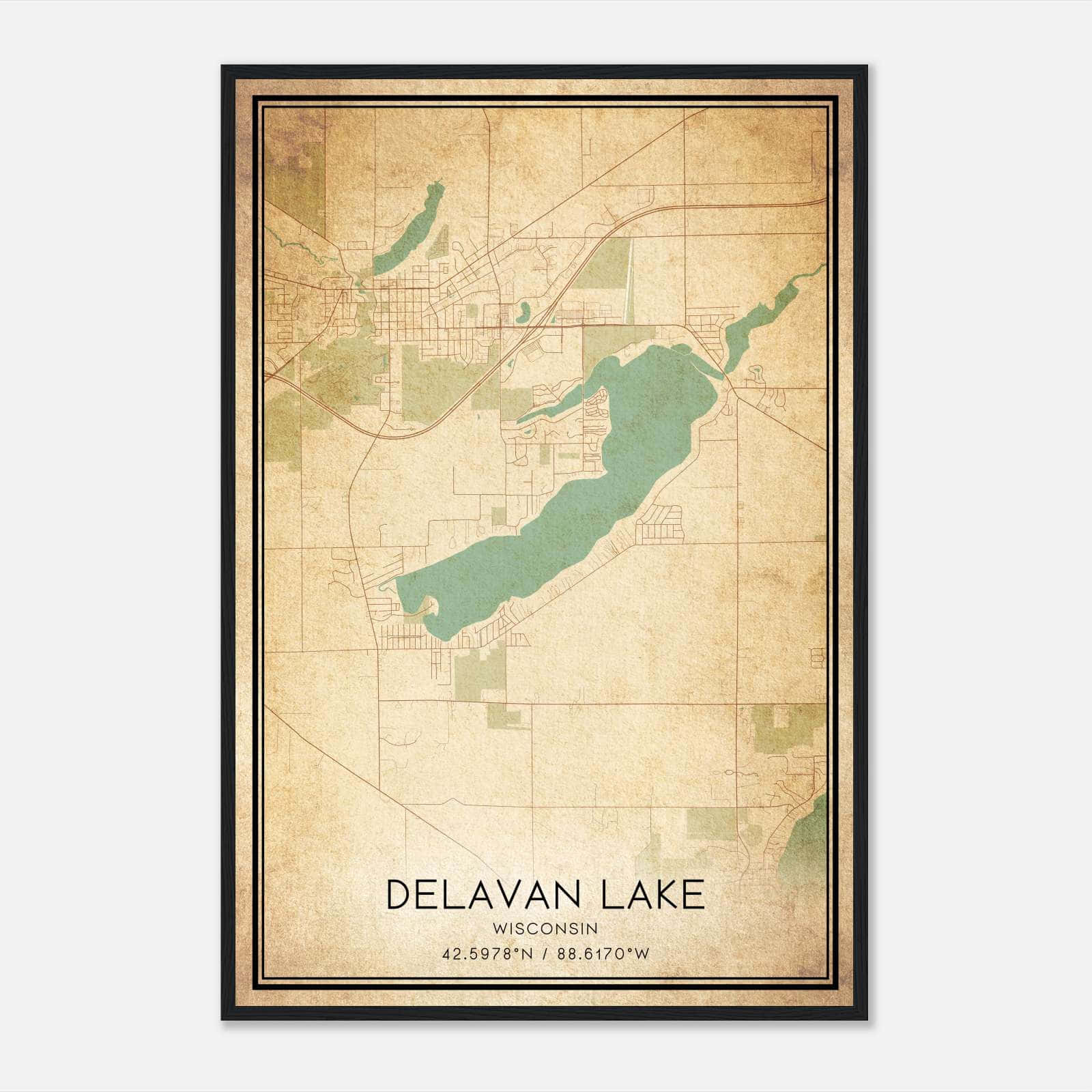 Vintage Delavan Lake Wisconsin Map Poster, Delavan Lake WI City Road ...