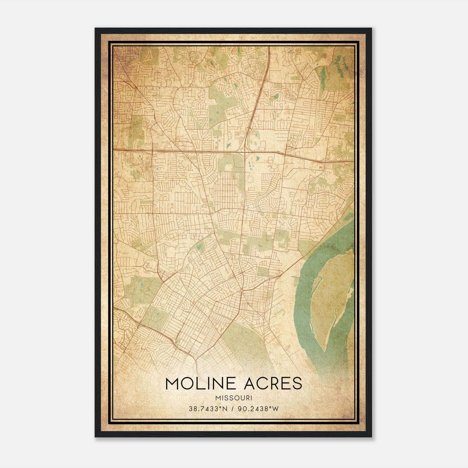Vintage Moline Acres Missouri Map Poster, Moline Acres MO City Road ...