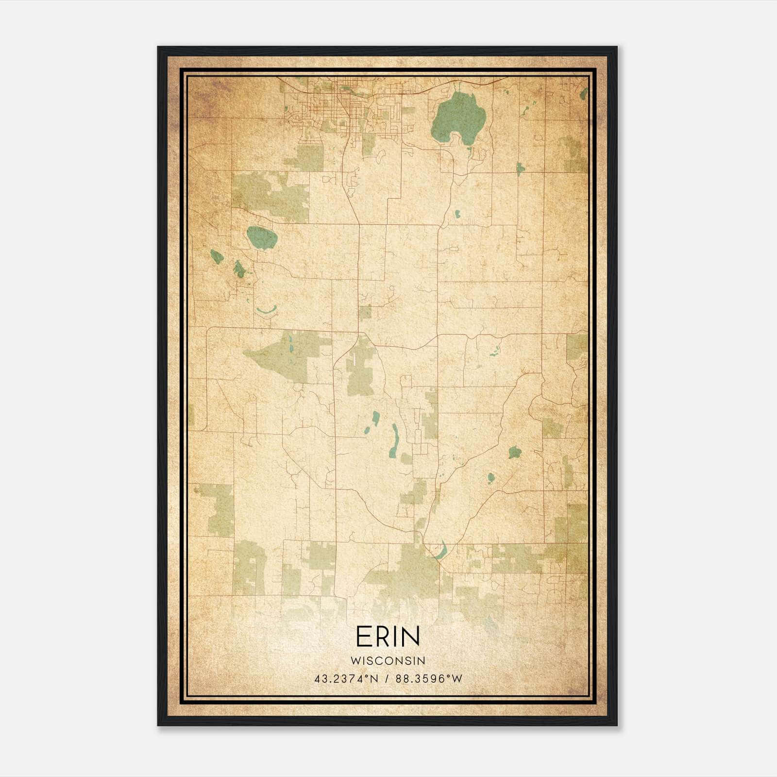 Vintage Erin Wisconsin Map Poster, Erin WI City Road Wall Art Print ...