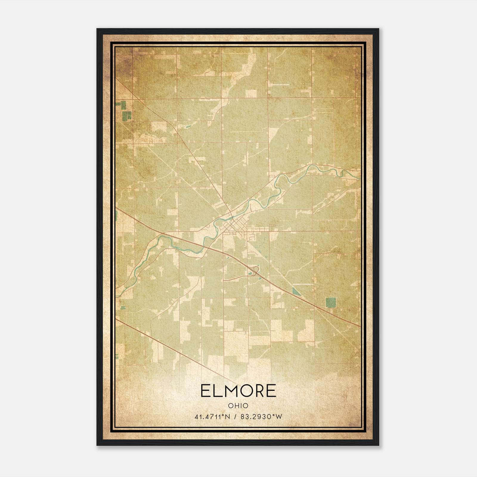 Vintage Elmore Ohio Map Poster, Elmore OH City Road Wall Art Print ...