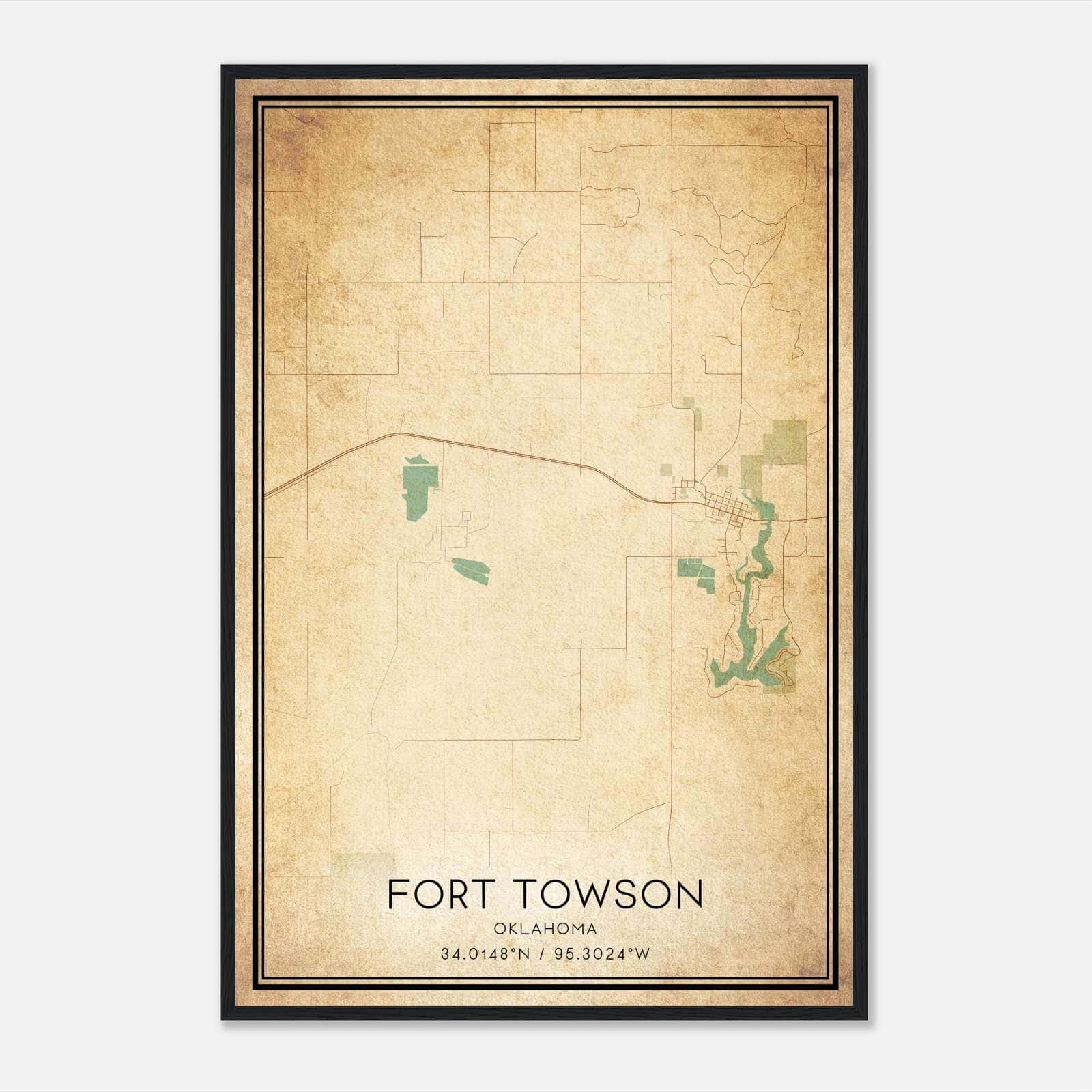 Vintage Fort Towson Oklahoma Map Poster, Fort Towson OK City Road Wall ...