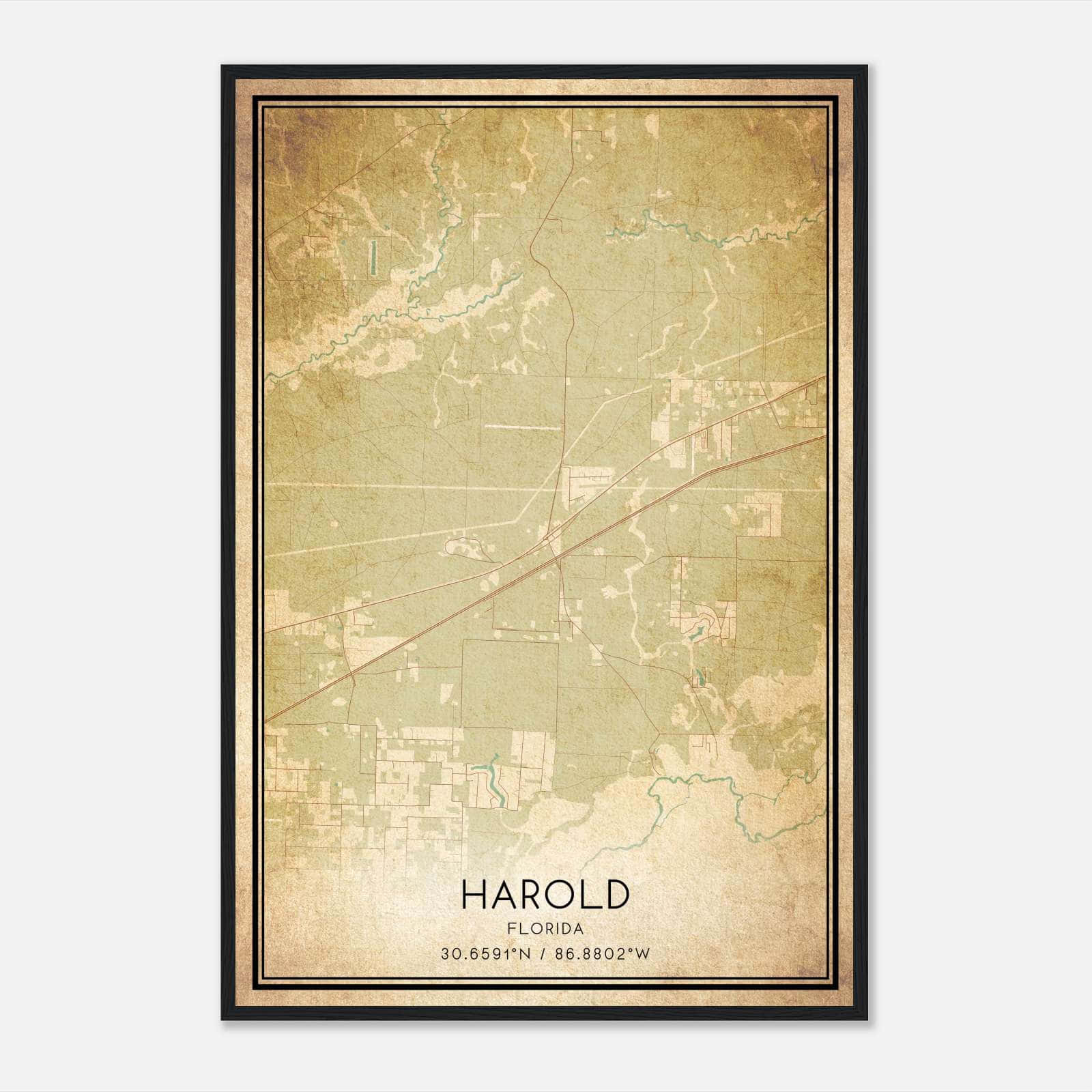 Vintage Harold Florida Map Poster, Harold FL City Road Wall Art Print ...
