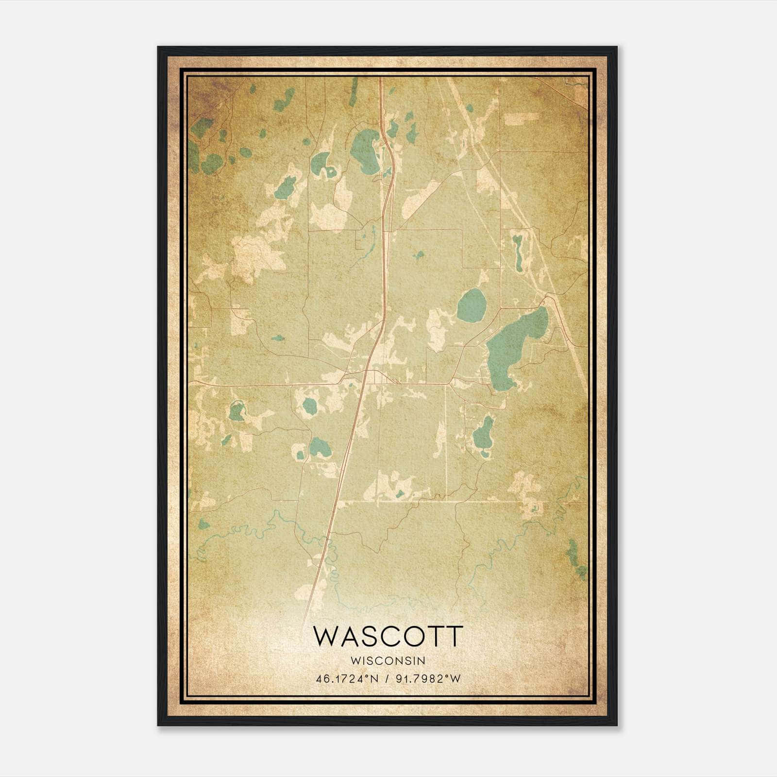 Vintage Wascott Wisconsin Map Poster, Wascott WI City Road Wall Art ...
