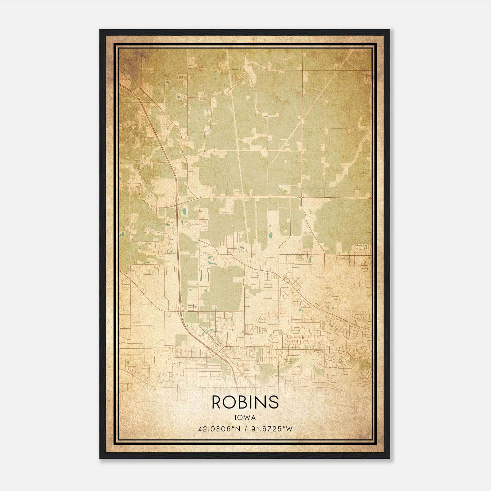 Vintage Robins Iowa Map Poster, Robins IA City Road Wall Art Print ...