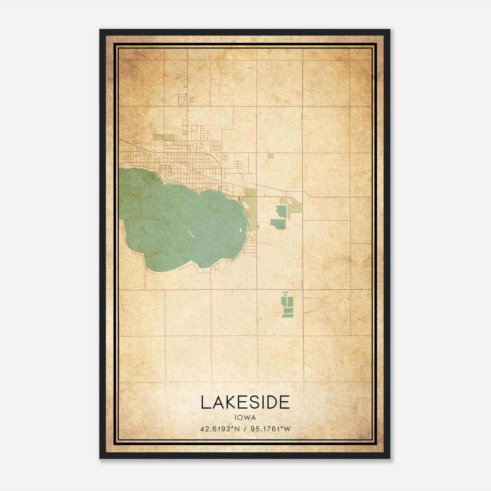 Vintage Lakeside Iowa Map Poster, Lakeside IA City Road Wall Art Print ...