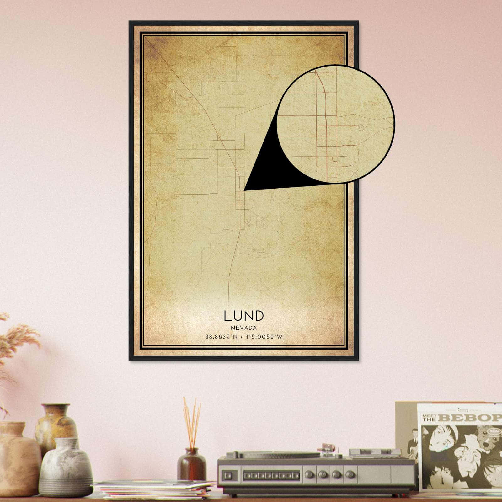 Vintage Lund Nevada Map Poster, Lund NV City Road Wall Art Print ...