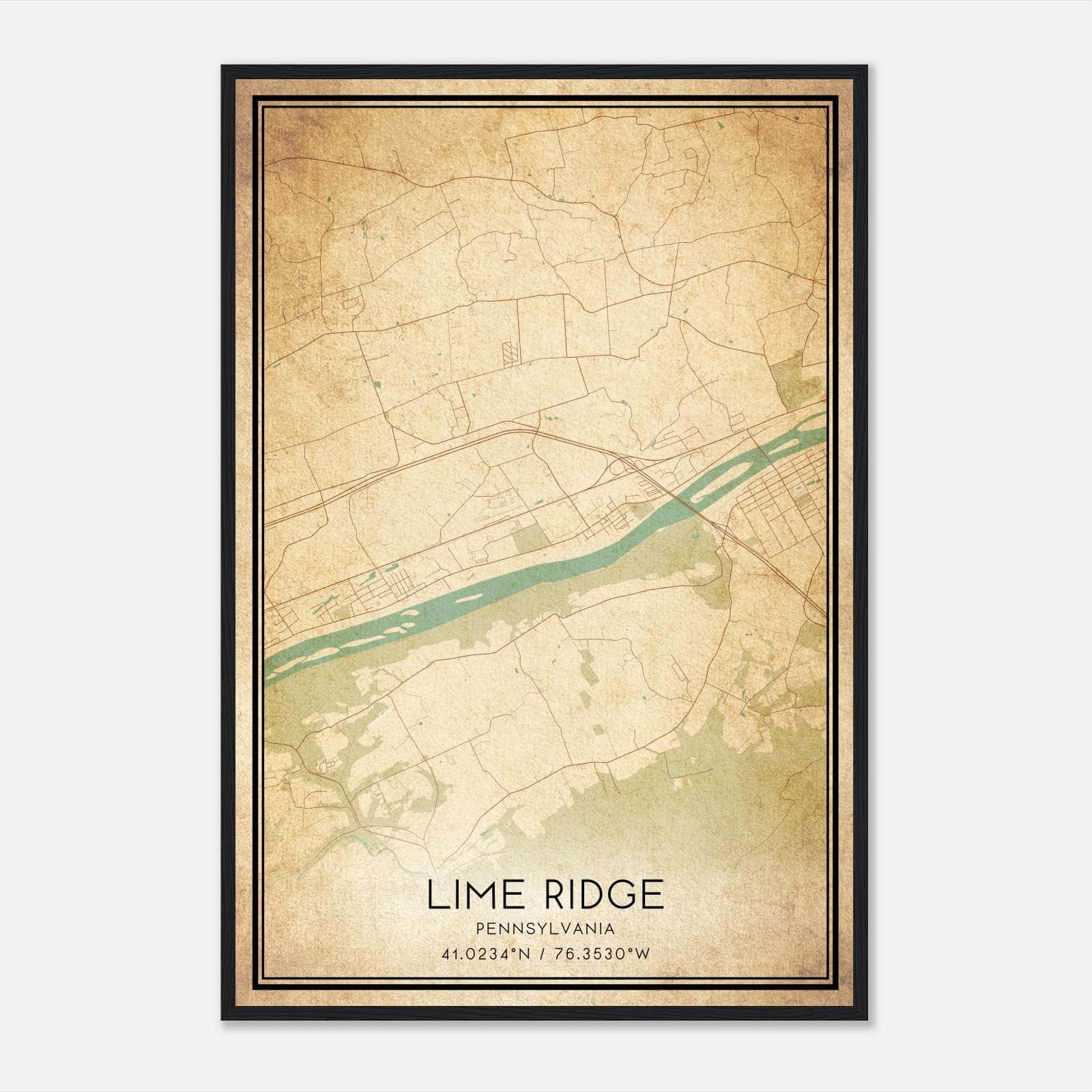 Vintage Lime Ridge Pennsylvania Map Poster, Lime Ridge PA City Road ...