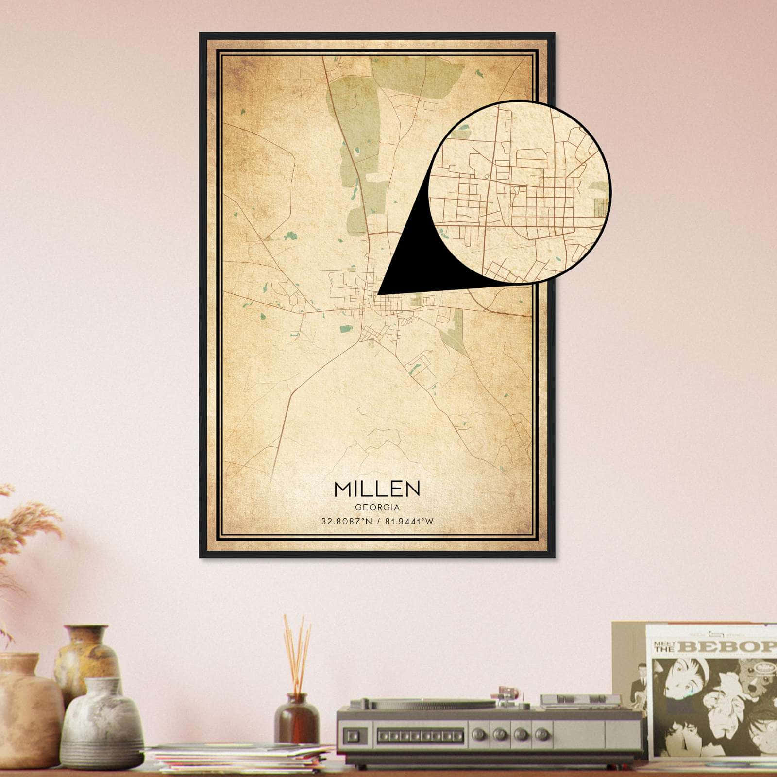 Vintage Millen Georgia Map Poster, Millen GA City Road Wall Art Print ...