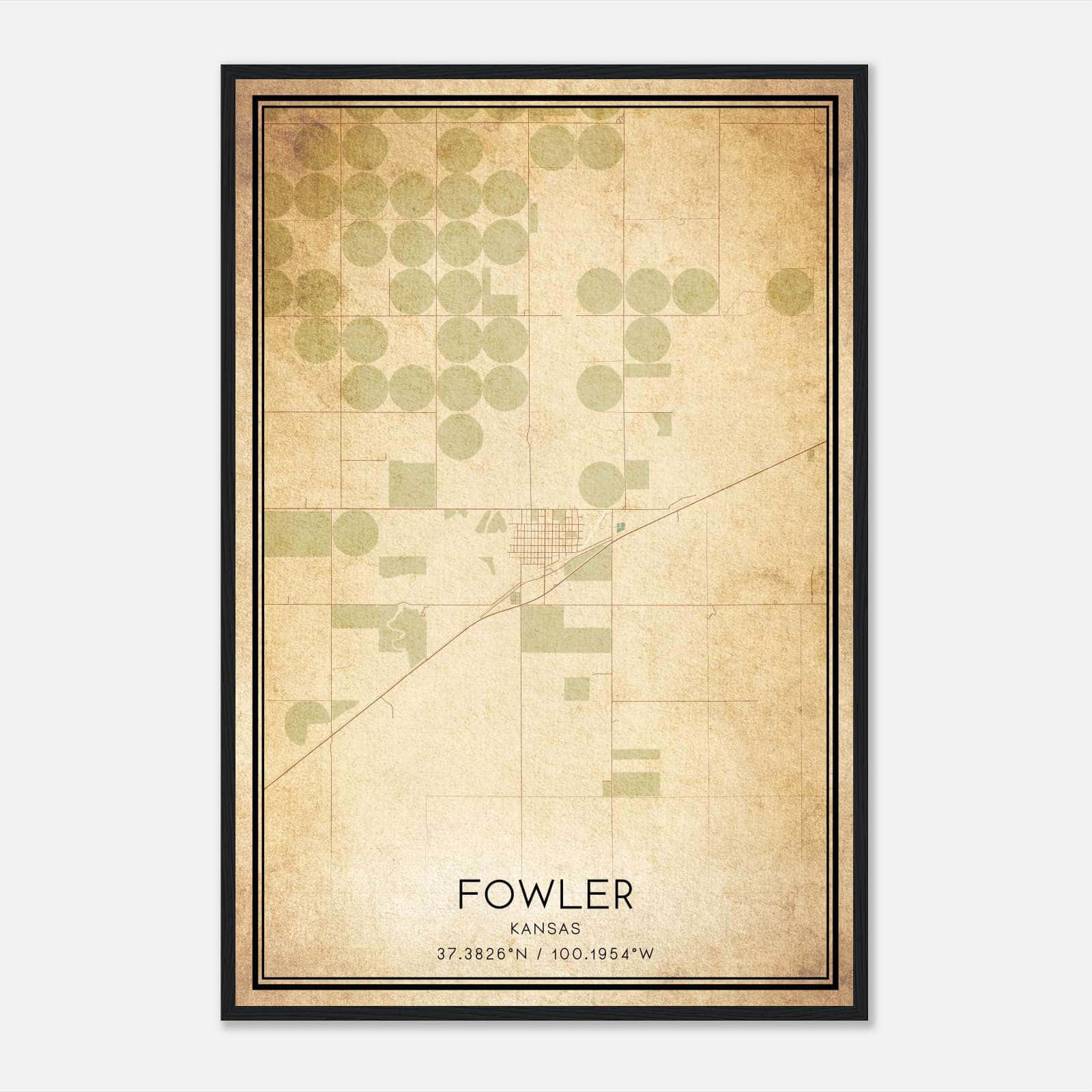 Vintage Fowler Kansas Map Poster, Fowler KS City Road Wall Art Print ...