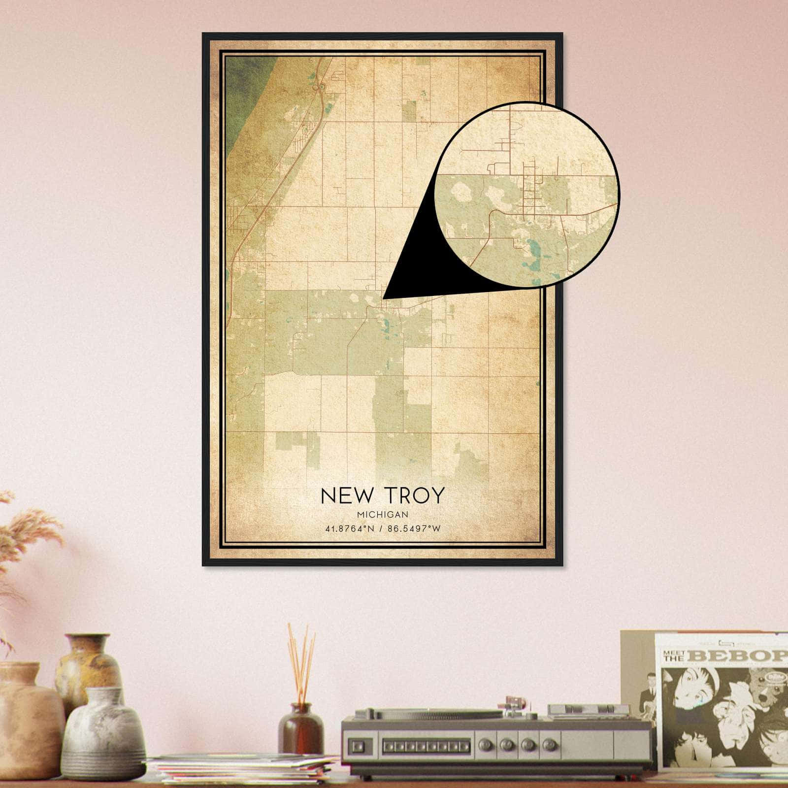 Vintage New Troy Michigan Map Poster, New Troy MI City Road Wall Art ...