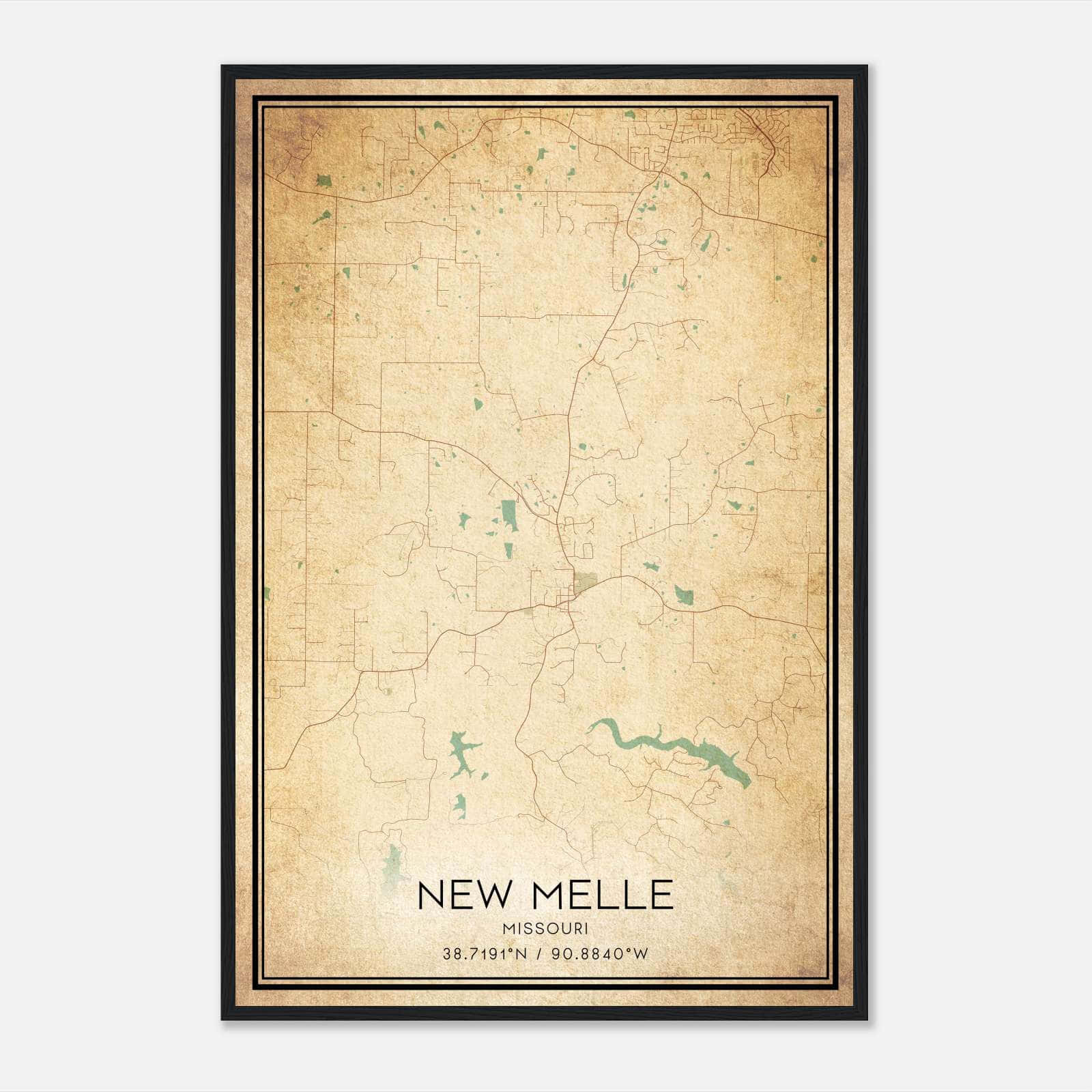 Vintage New Melle Missouri Map Poster, New Melle MO City Road Wall Art Print - Custom Maps & Posters