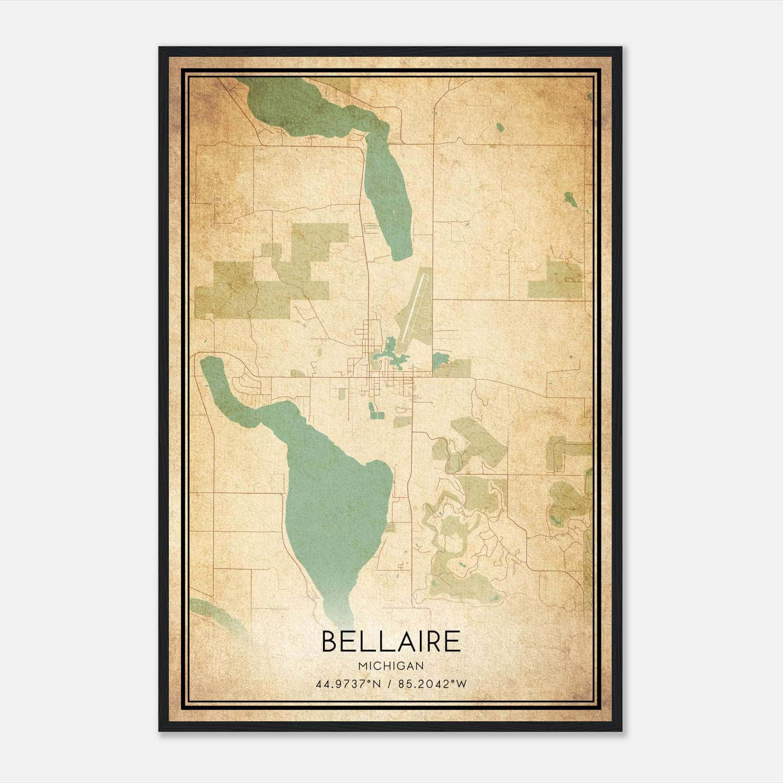Vintage Bellaire Michigan Map Poster, Bellaire MI City Road Wall Art ...