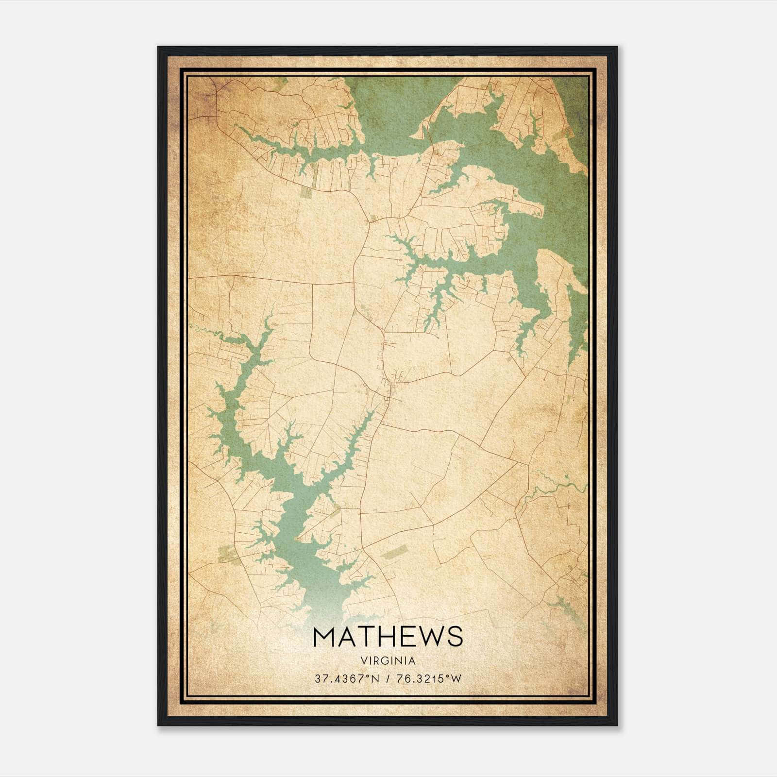 Vintage Mathews Virginia Map Poster, Mathews VA City Road Wall Art ...