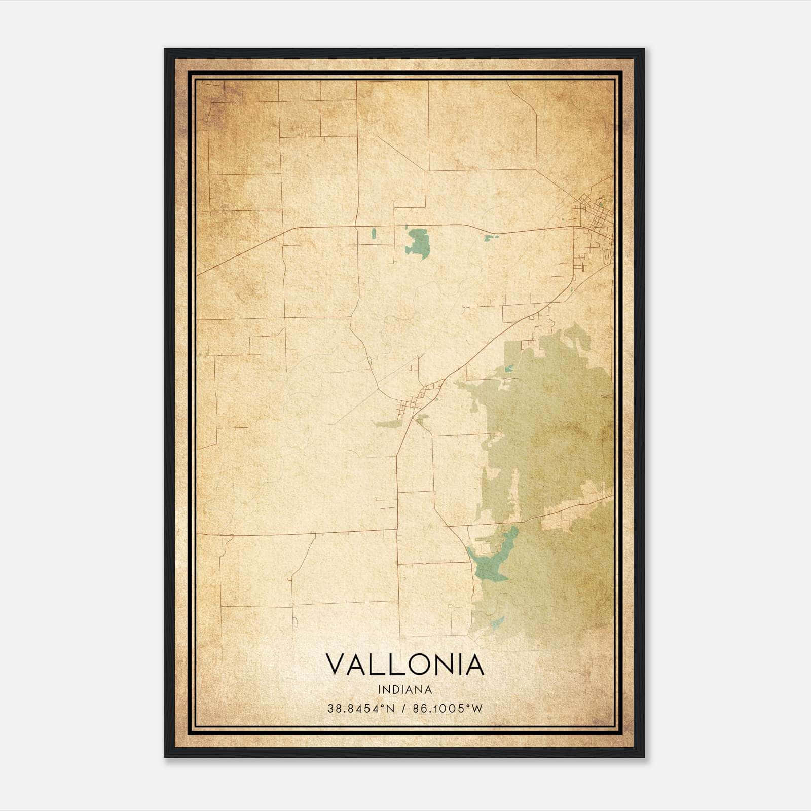 Vintage Vallonia Indiana Map Poster, Vallonia IN City Road Wall Art ...