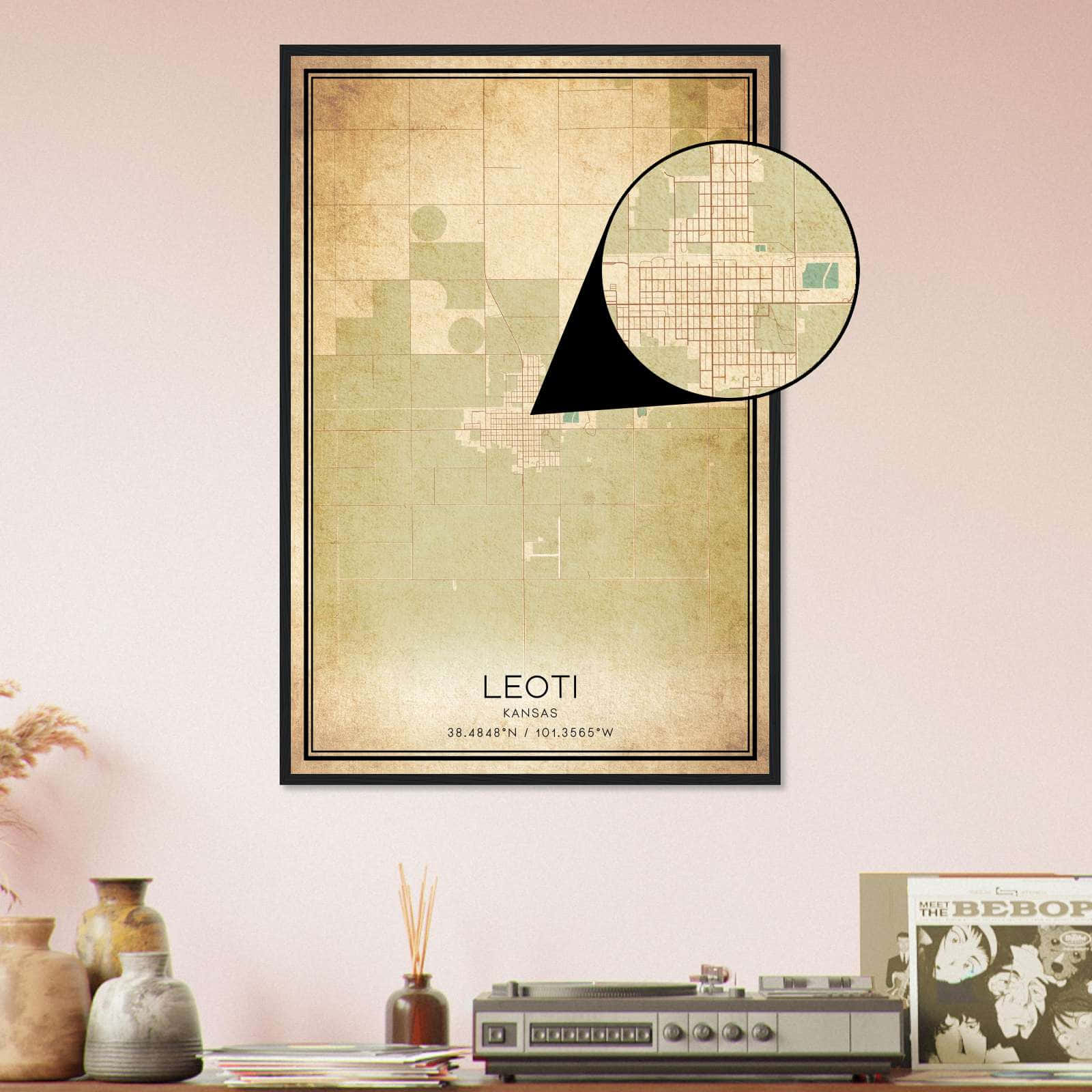 Vintage Leoti Kansas Map Poster, Leoti KS City Road Wall Art Print ...