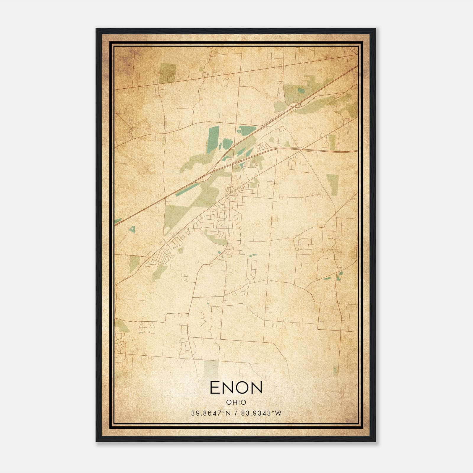 Vintage Enon Ohio Map Poster, Enon OH City Road Wall Art Print - Custom Maps & Posters