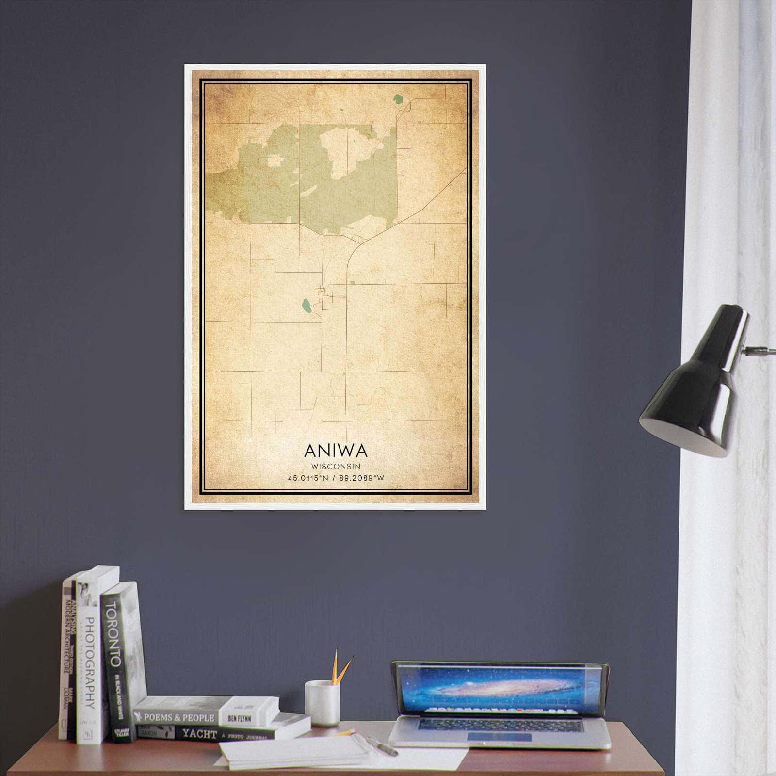 Vintage Aniwa Wisconsin Map Poster, Aniwa WI City Road Wall Art Print - Custom Maps & Posters