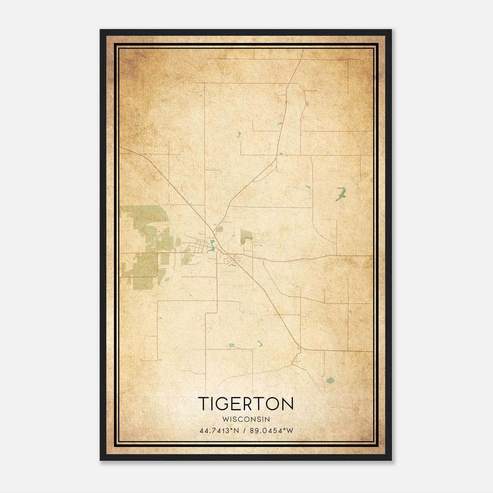 Vintage Tigerton Wisconsin Map Poster, Tigerton WI City Road Wall Art Print - Custom Maps & Posters