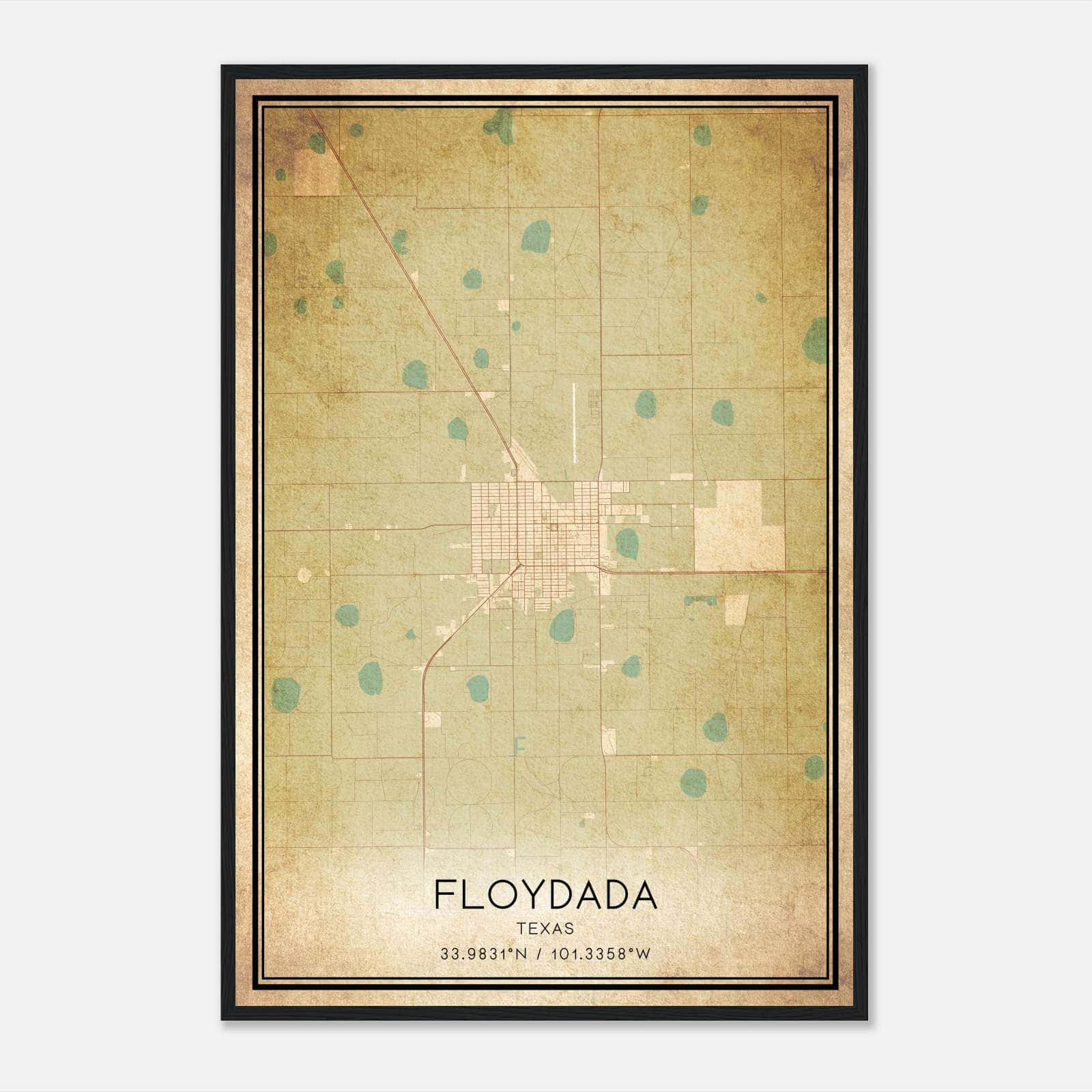 Vintage Floydada Texas Map Poster, Floydada TX City Road Wall Art Print ...