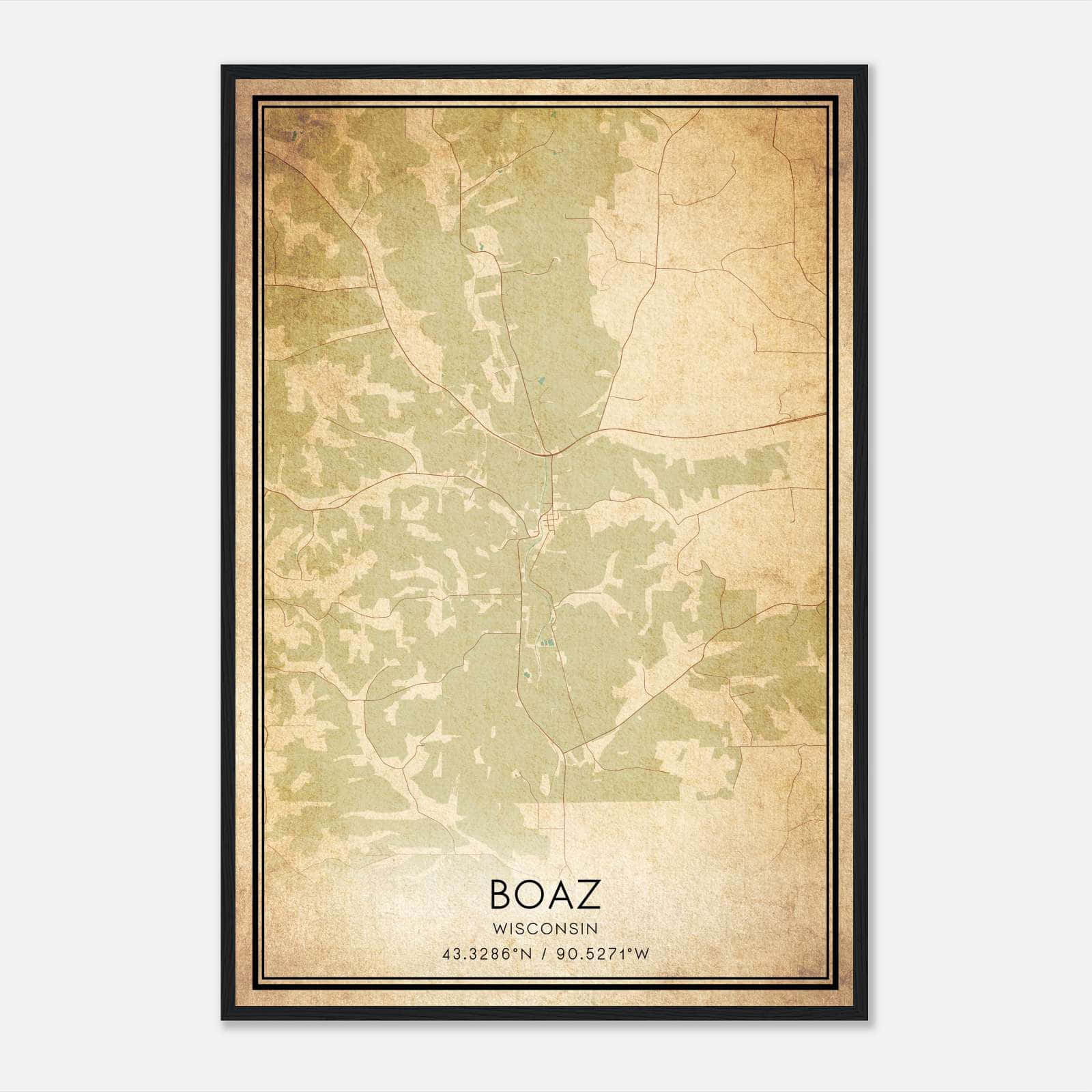 Vintage Boaz Wisconsin Map Poster, Boaz WI City Road Wall Art Print ...
