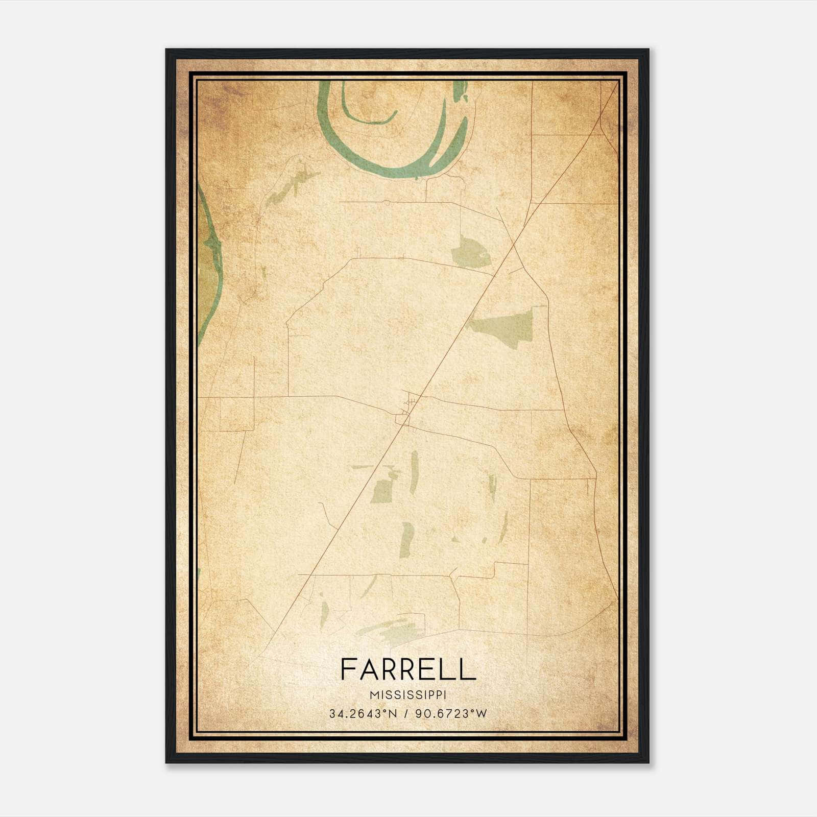 Vintage Farrell Mississippi Map Poster, Farrell MS City Road Wall Art ...