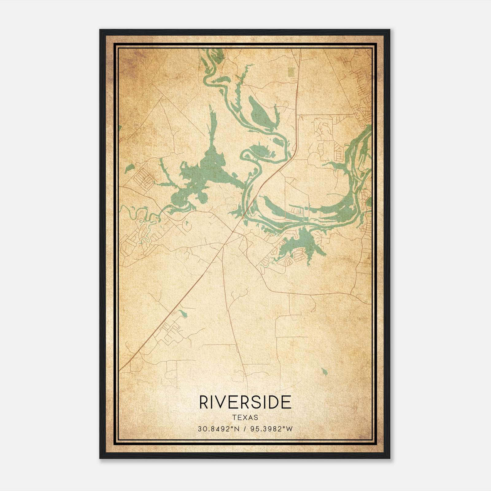 Vintage Riverside Texas Map Poster, Riverside TX City Road Wall Art ...