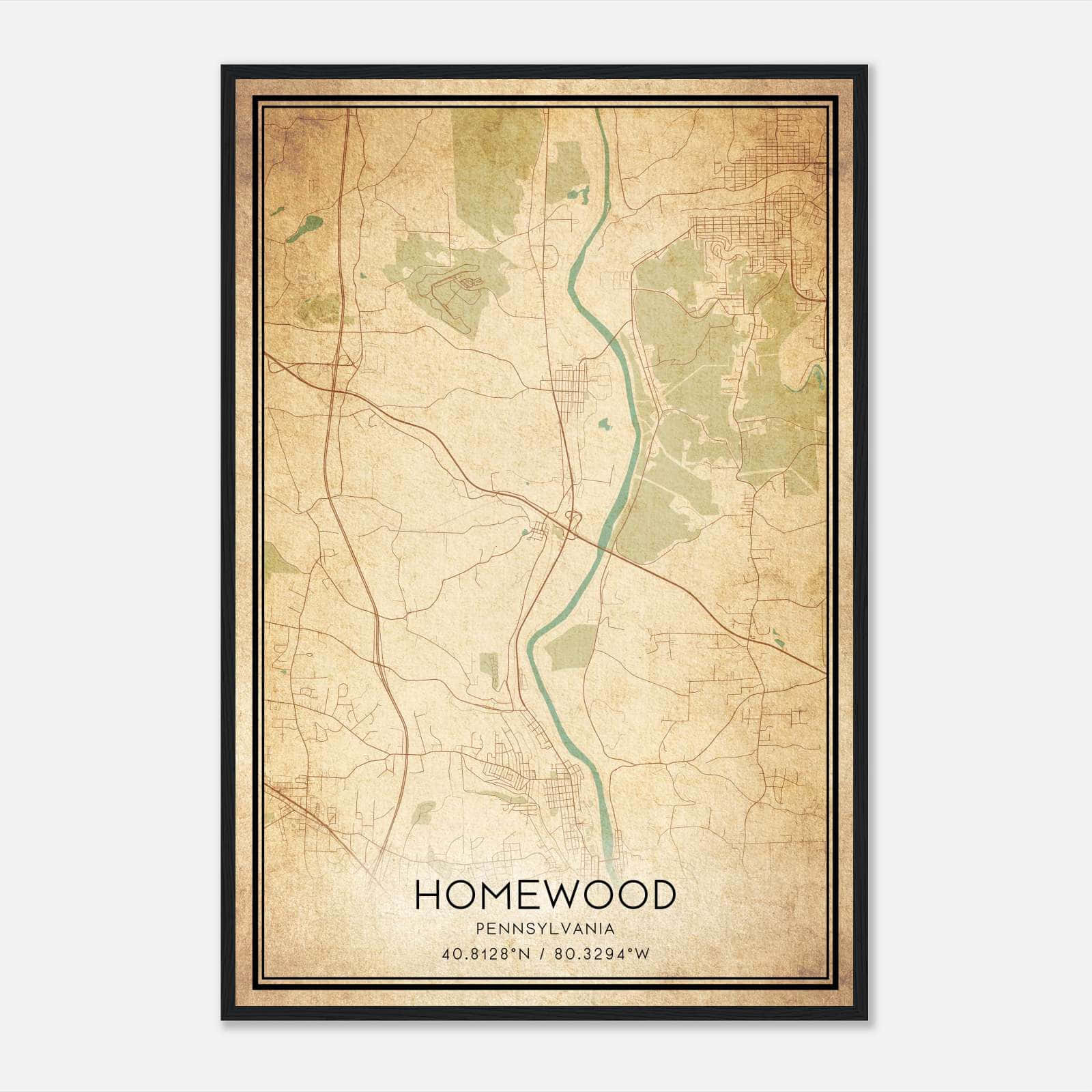 Vintage Homewood Pennsylvania Map Poster, Homewood PA City Road Wall ...