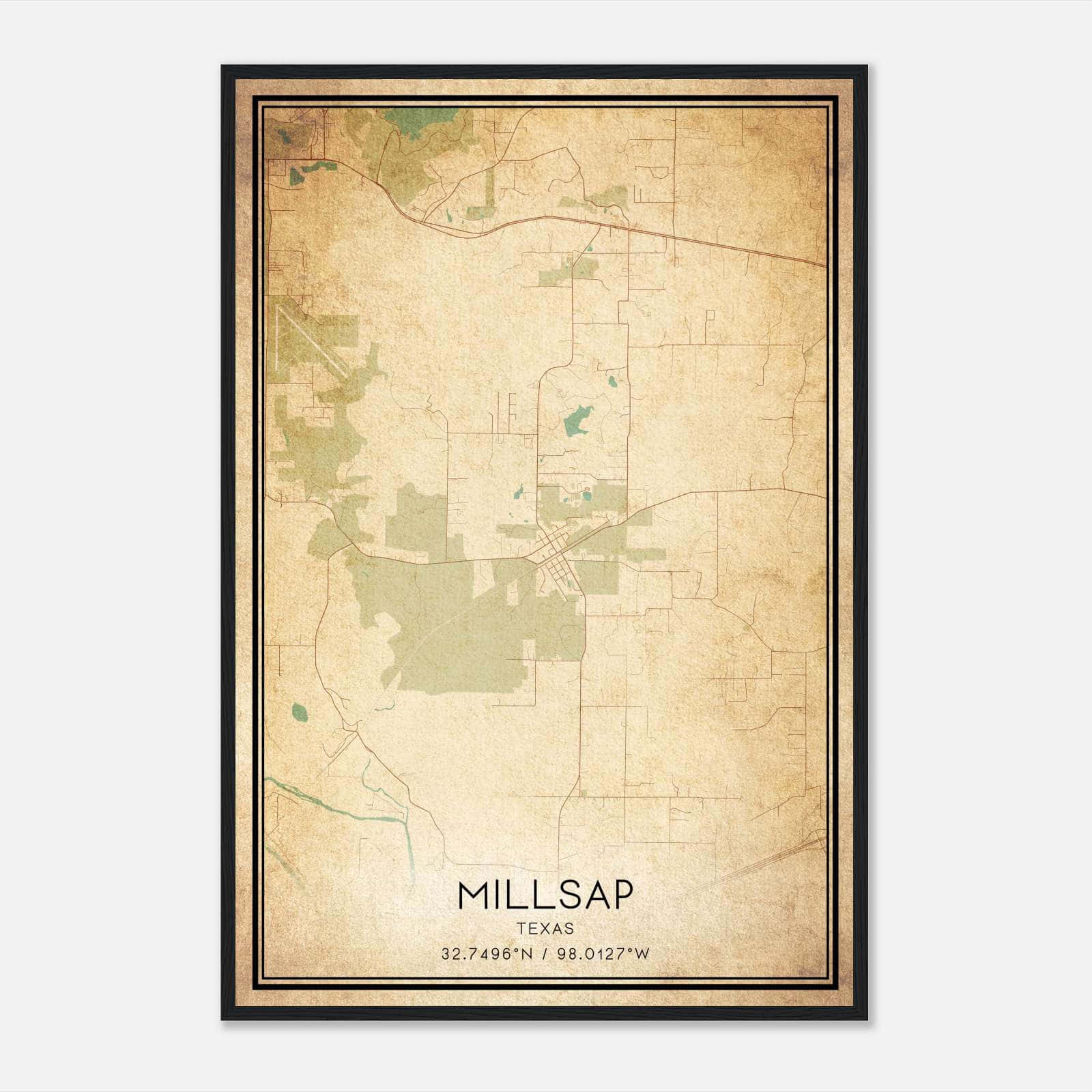 Vintage Millsap Texas Map Poster, Millsap TX City Road Wall Art Print ...
