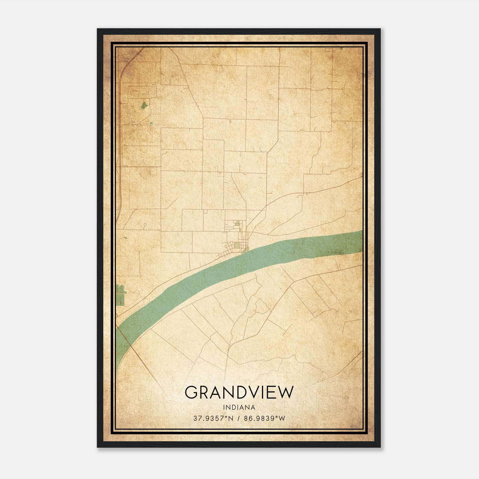 Vintage Grandview Indiana Map Poster, Grandview IN City Road Wall Art ...