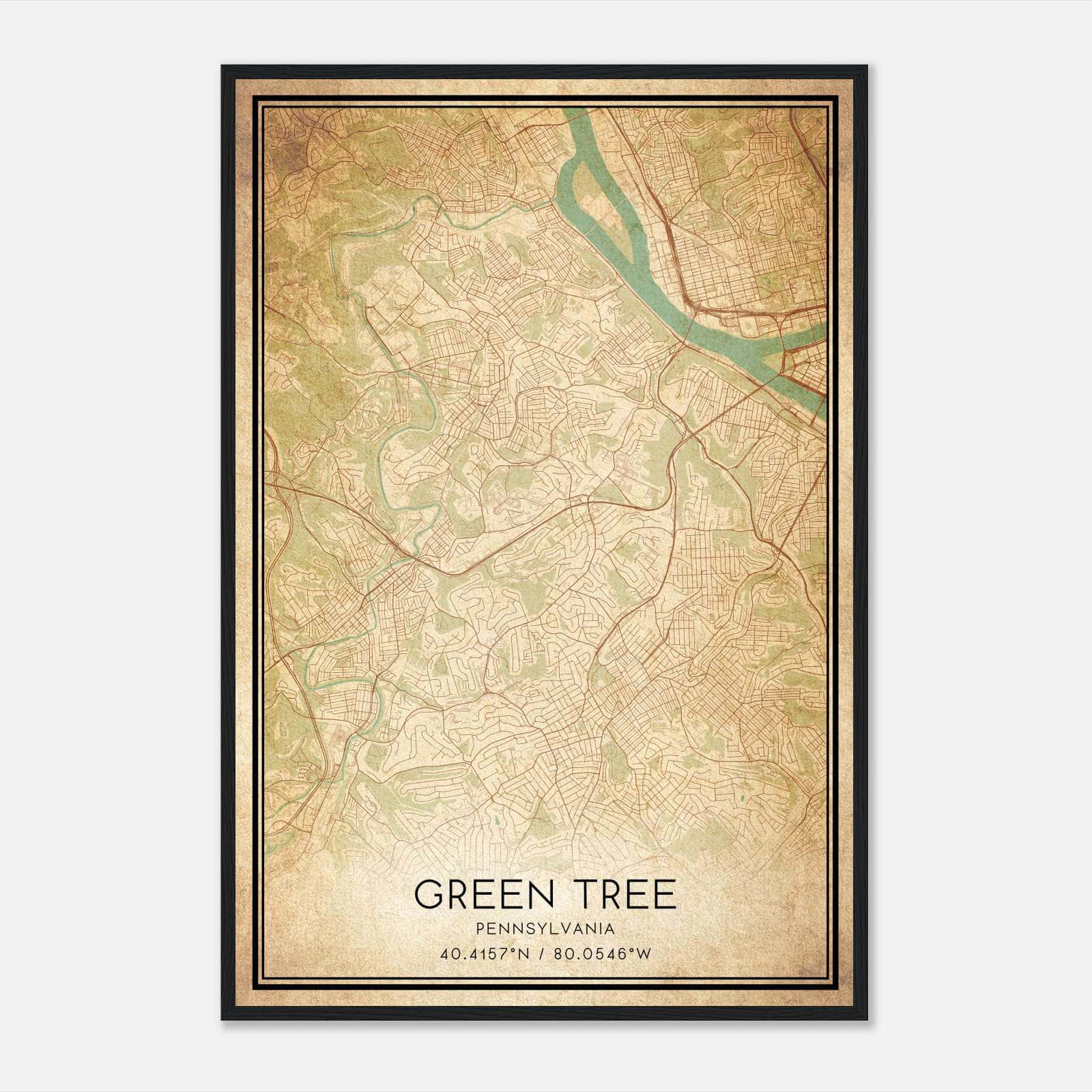 Vintage Green Tree Pennsylvania Map Poster, Green Tree PA City Road ...