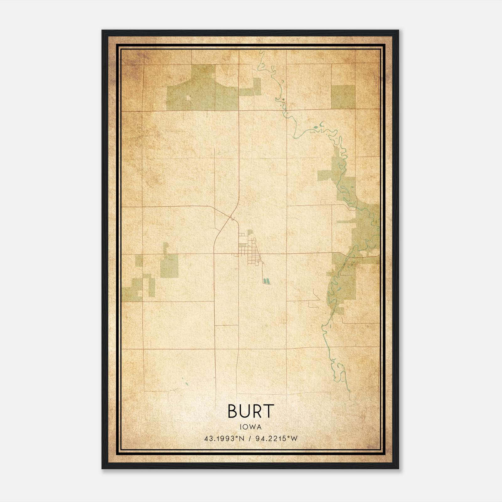 Vintage Burt Iowa Map Poster, Burt IA City Road Wall Art Print - Custom ...