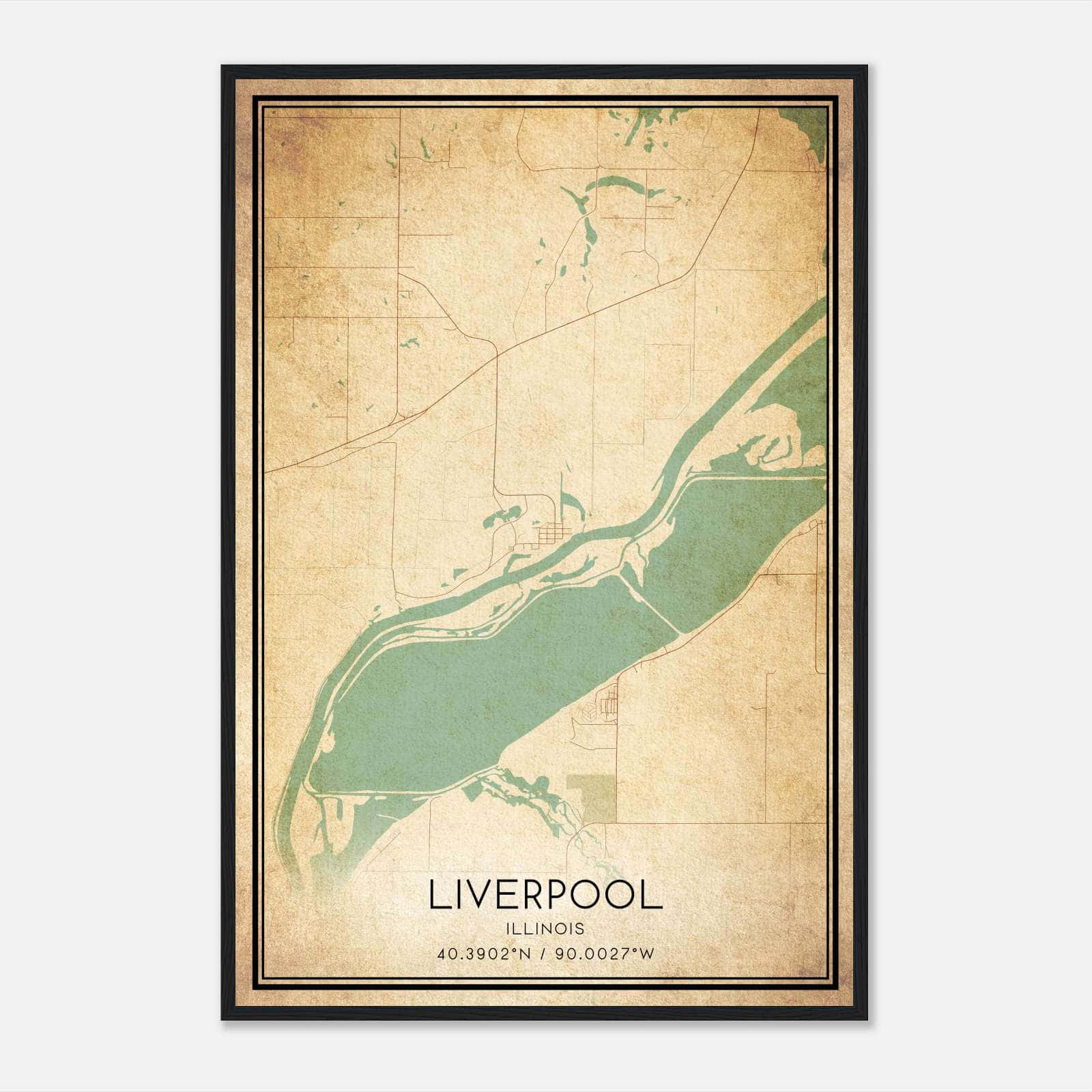Vintage Liverpool Illinois Map Poster, Liverpool IL City Road Wall Art ...
