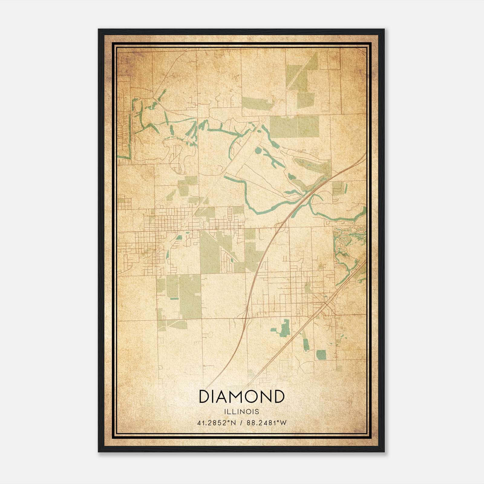 Vintage Diamond Illinois Map Poster, Diamond IL City Road Wall Art ...