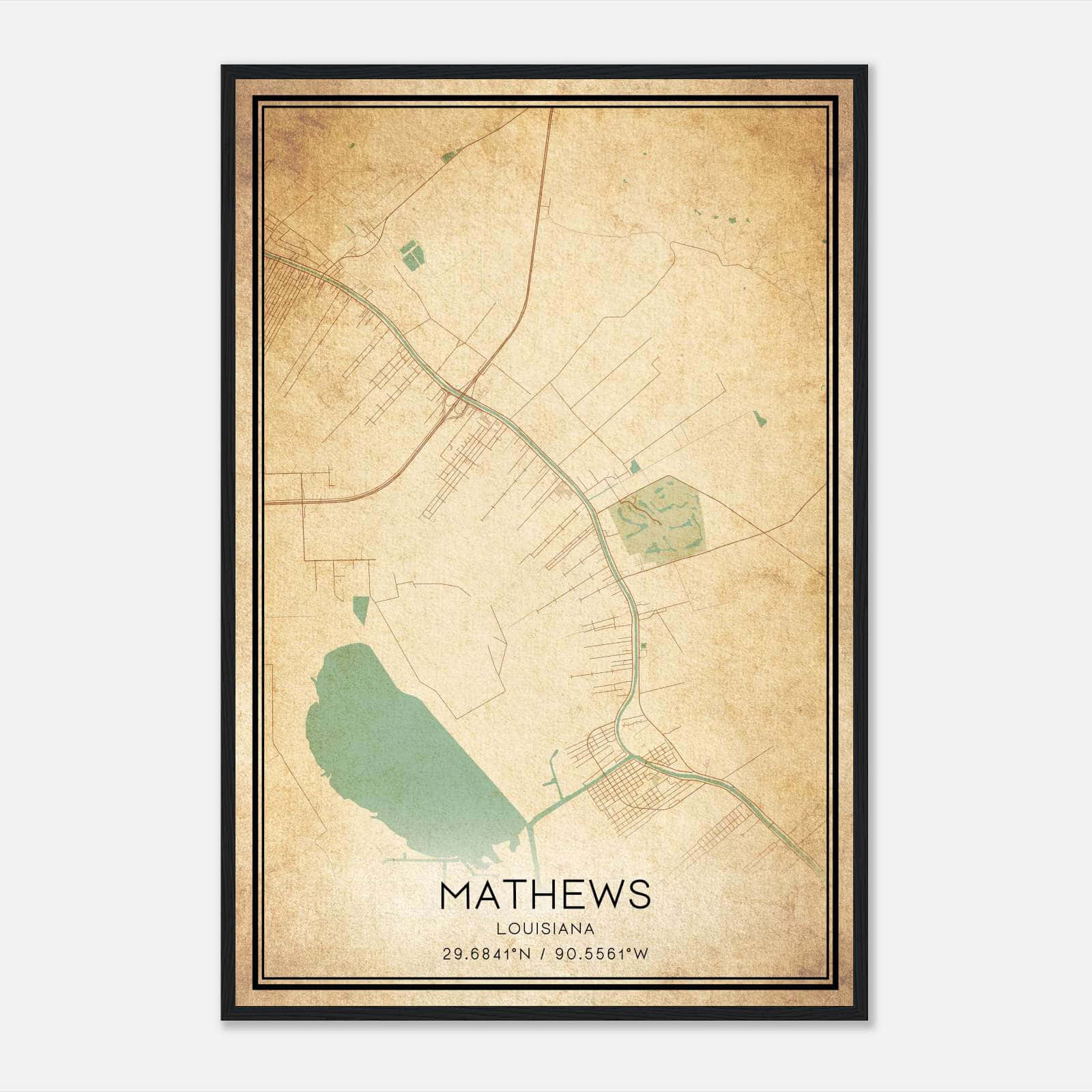 Vintage Mathews Louisiana Map Poster, Mathews LA City Road Wall Art ...