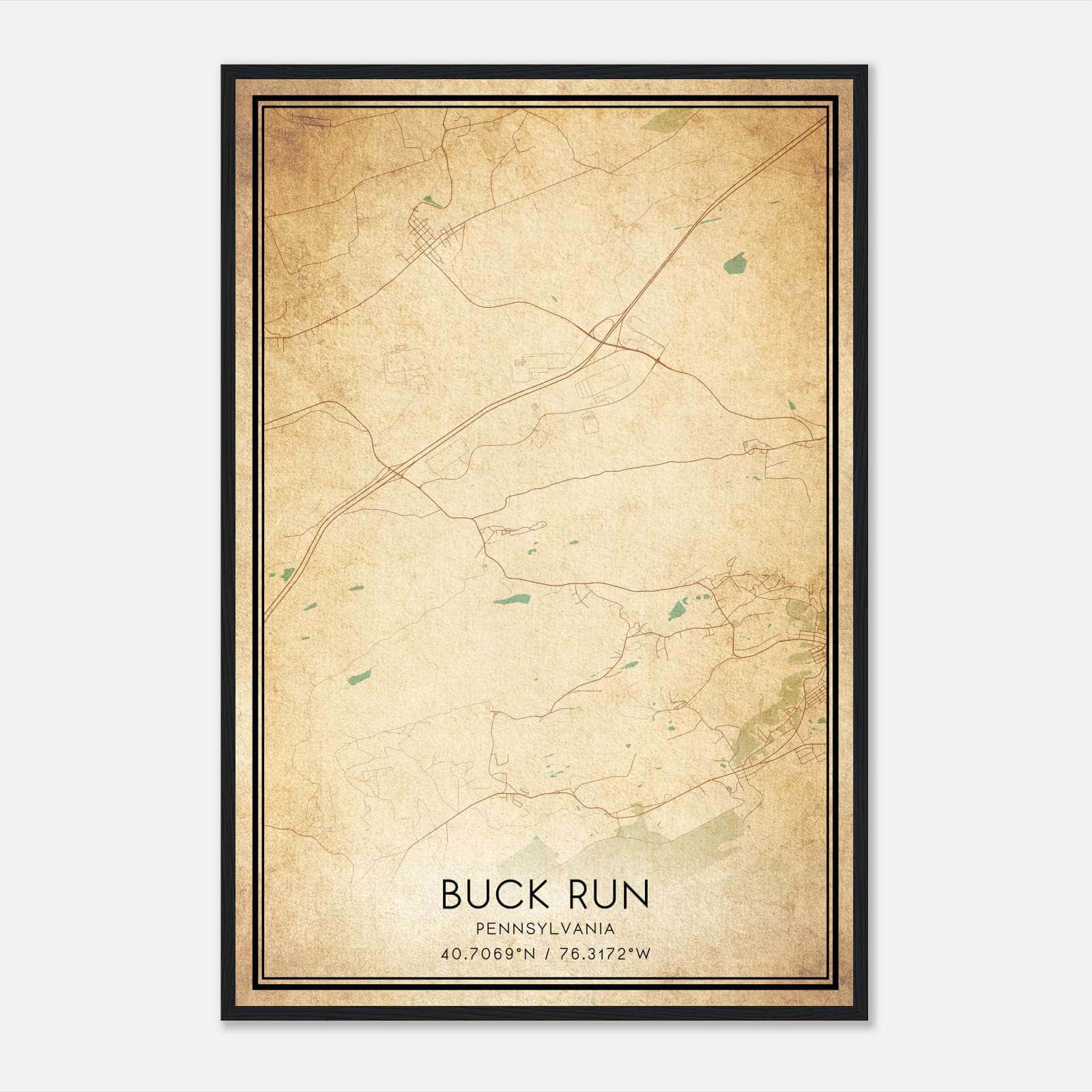 Vintage Buck Run Pennsylvania Map Poster, Buck Run PA City Road Wall ...