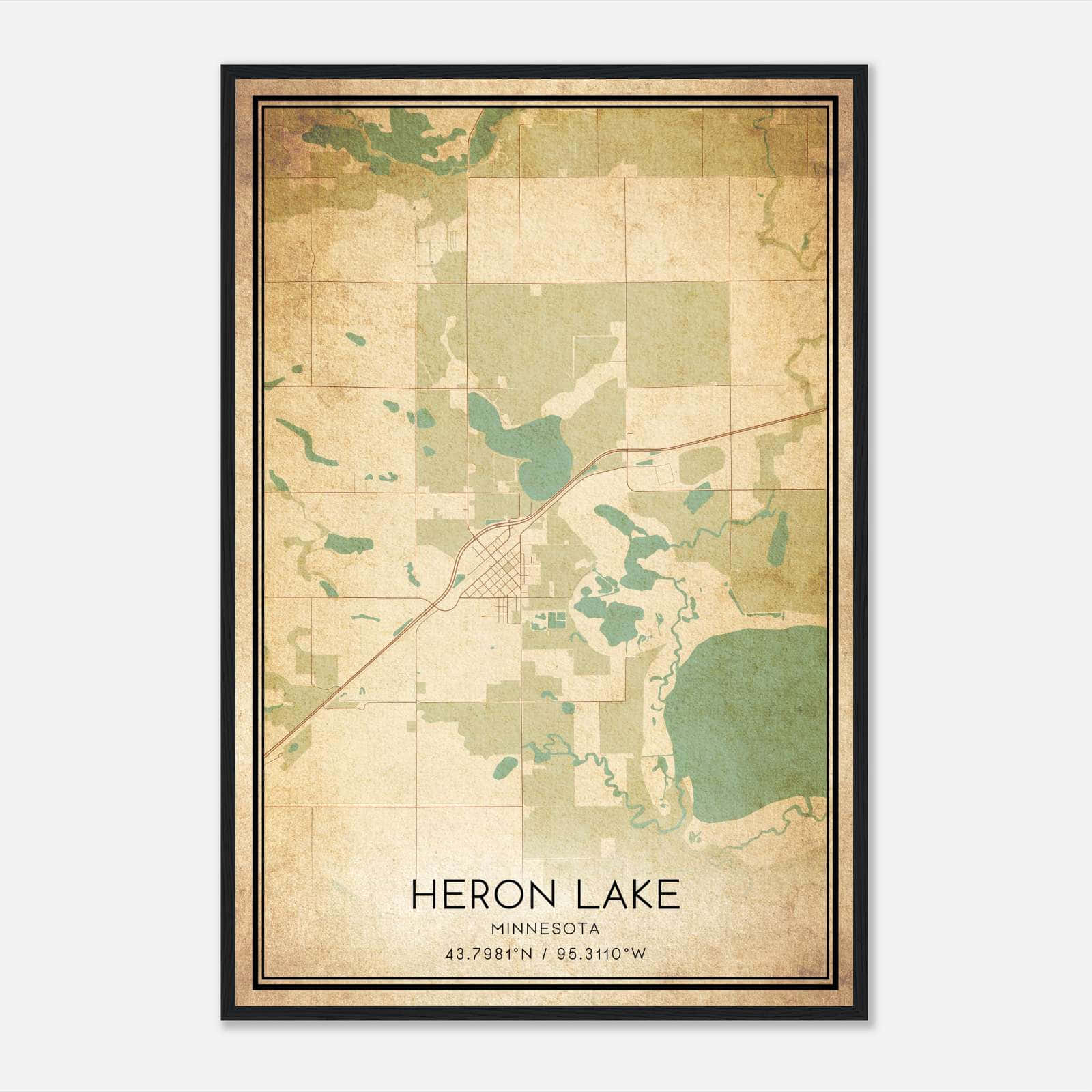 Vintage Heron Lake Minnesota Map Poster, Heron Lake MN City Road Wall ...