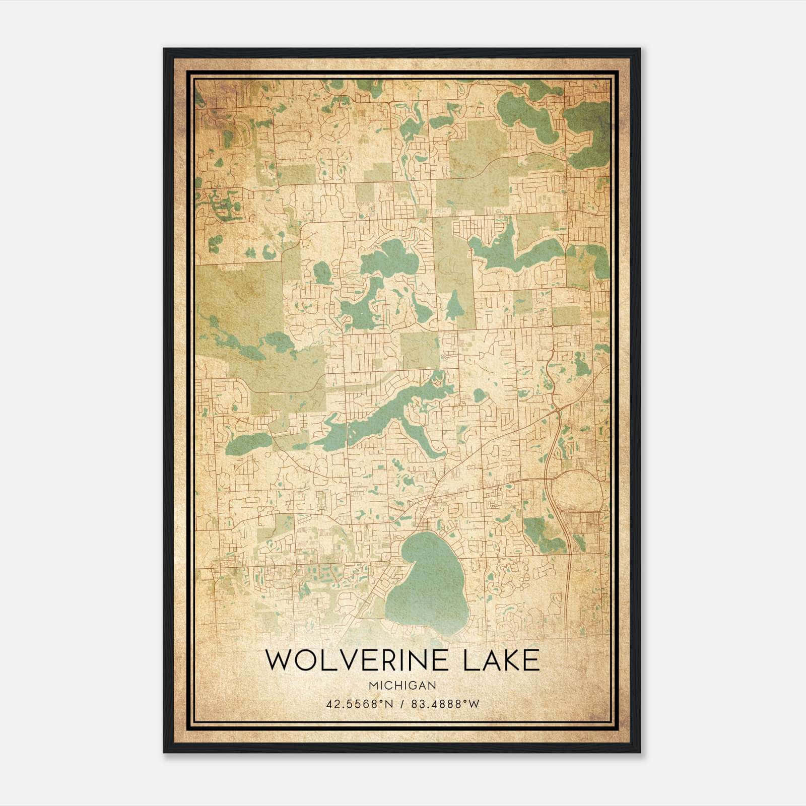 Vintage Wolverine Lake Michigan Map Poster, Wolverine Lake MI City Road ...