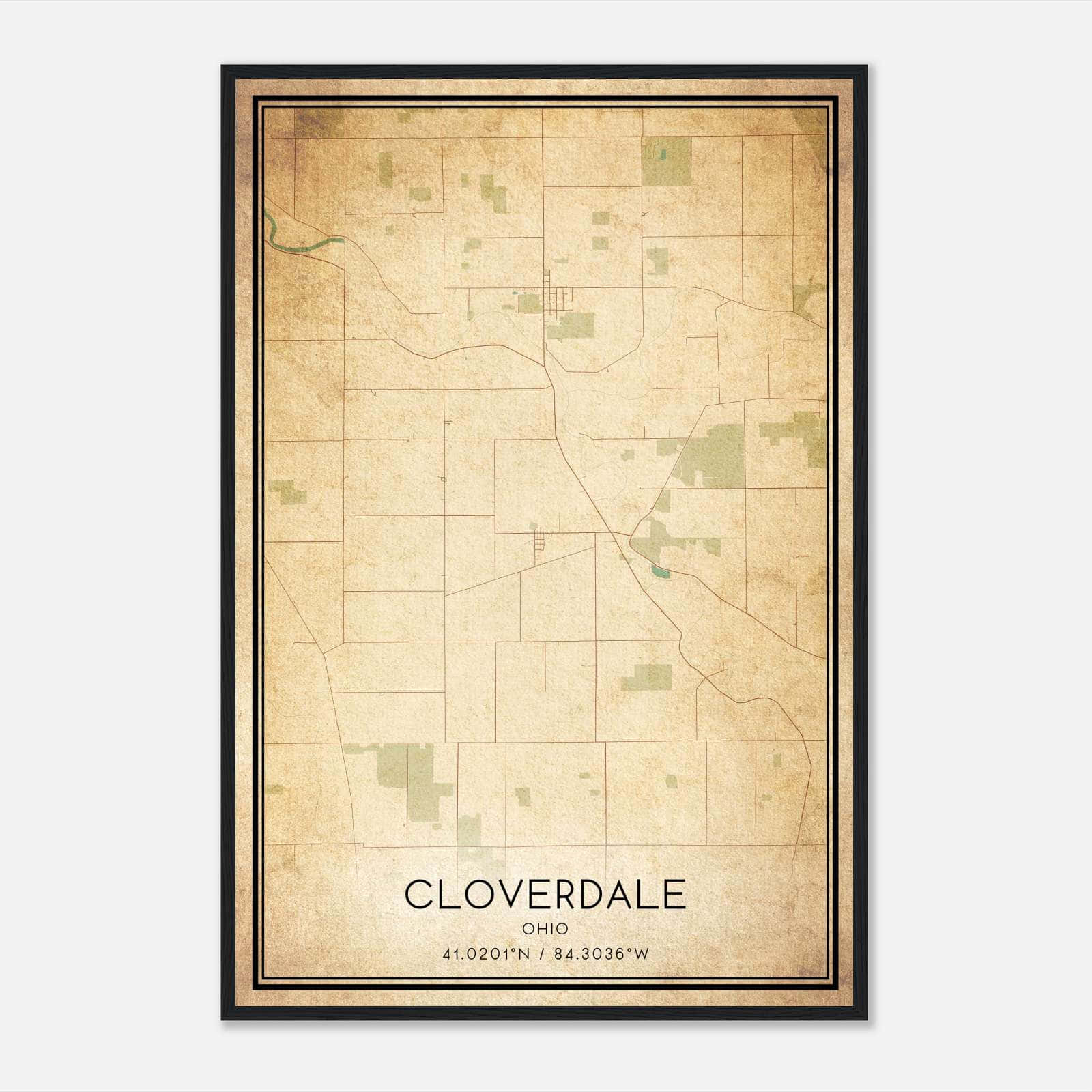 Vintage Cloverdale Ohio Map Poster, Cloverdale OH City Road Wall Art ...
