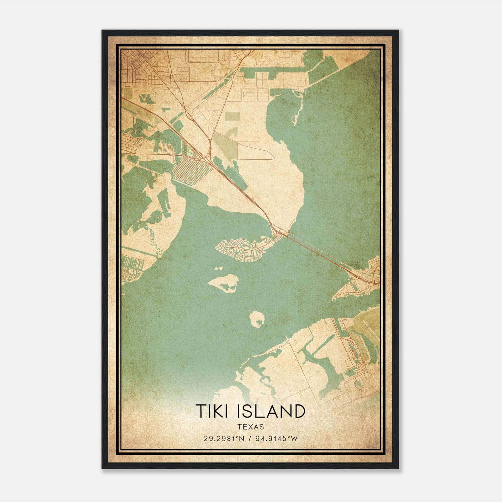 Vintage Tiki Island Texas Map Poster, Tiki Island TX City Road Wall Art ...