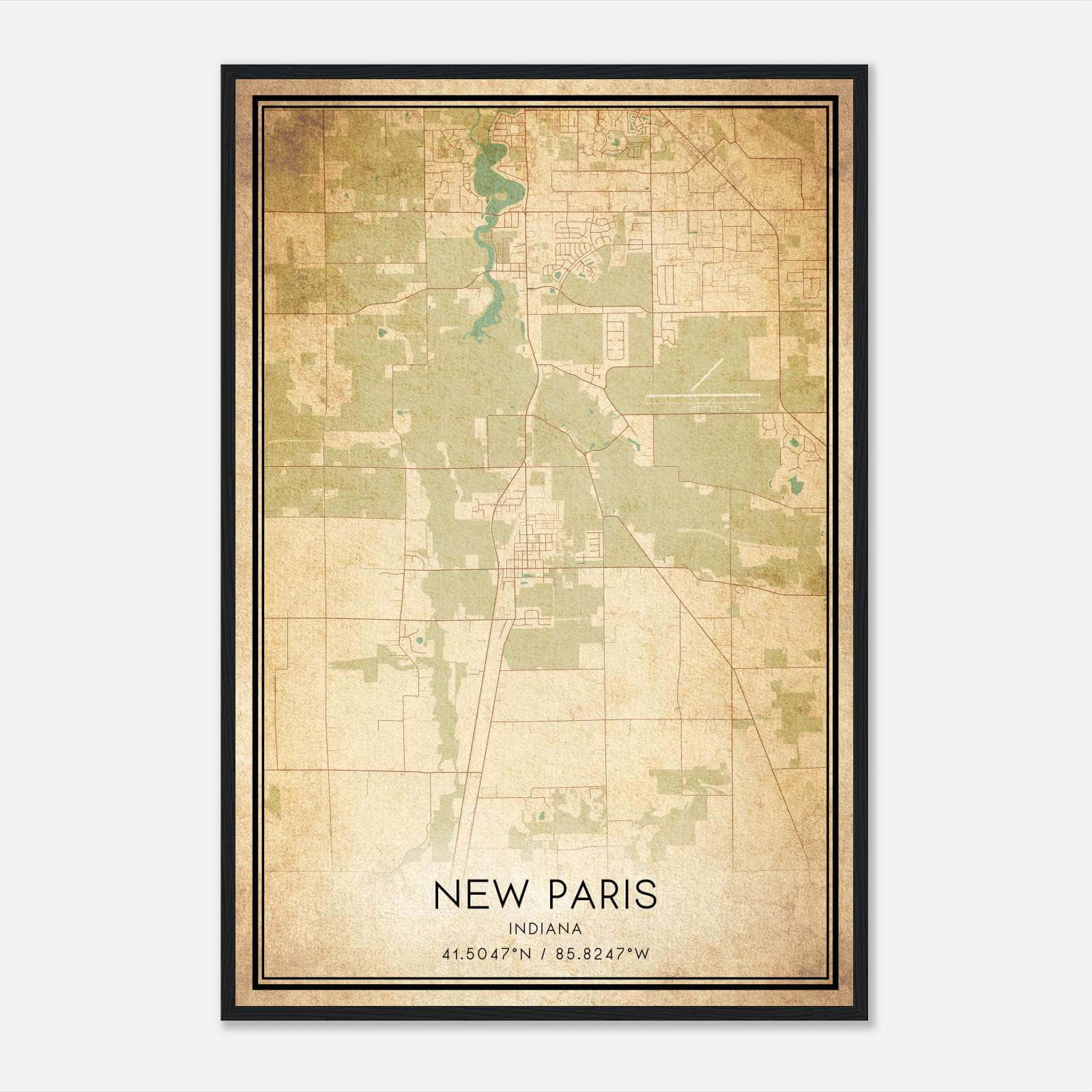 Vintage New Paris Indiana Map Poster, New Paris IN City Road Wall Art ...