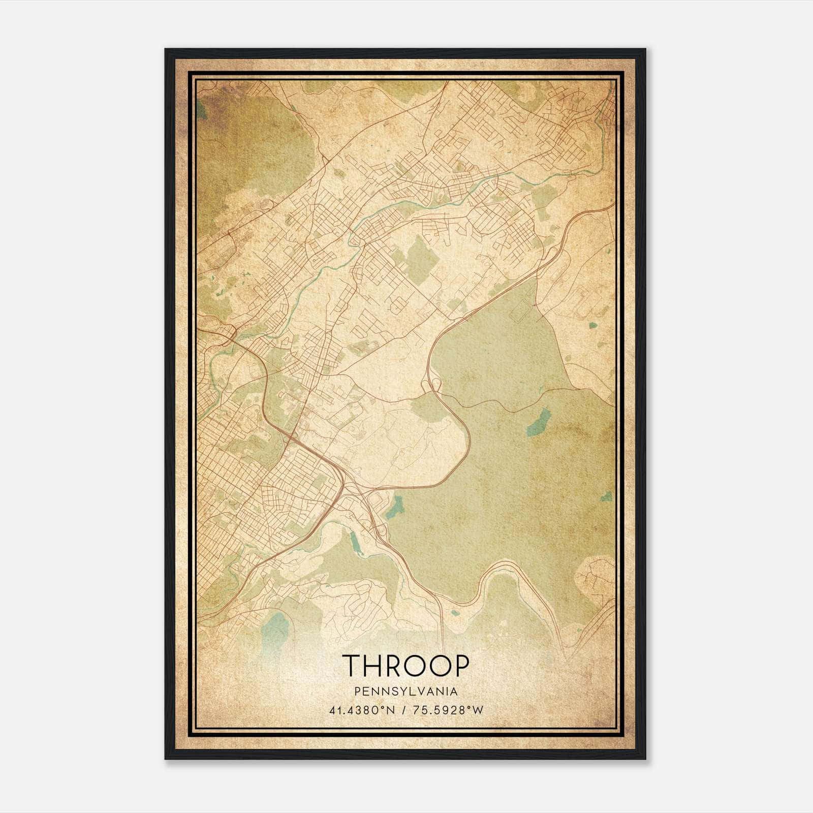 Vintage Throop Pennsylvania Map Poster, Throop PA City Road Wall Art ...