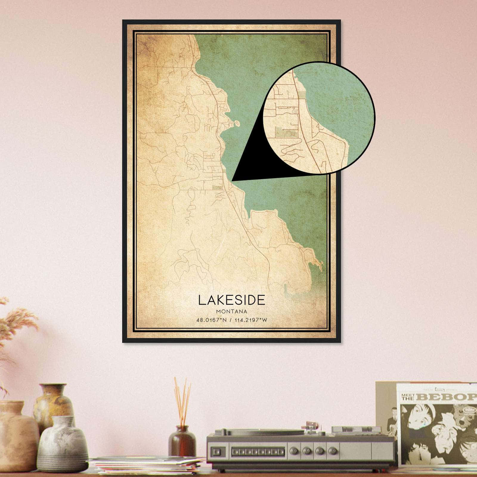 Vintage Lakeside Montana Map Poster, Lakeside MT City Road Wall Art ...