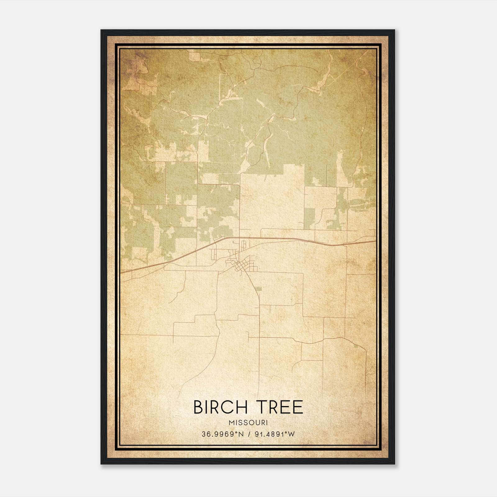 Vintage Birch Tree Missouri Map Poster, Birch Tree MO City Road Wall ...