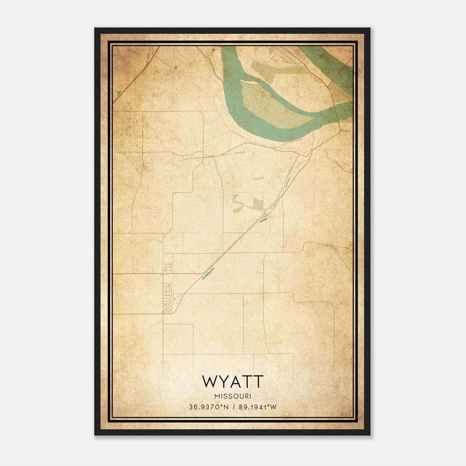 Vintage Wyatt Missouri Map Poster, Wyatt MO City Road Wall Art Print ...