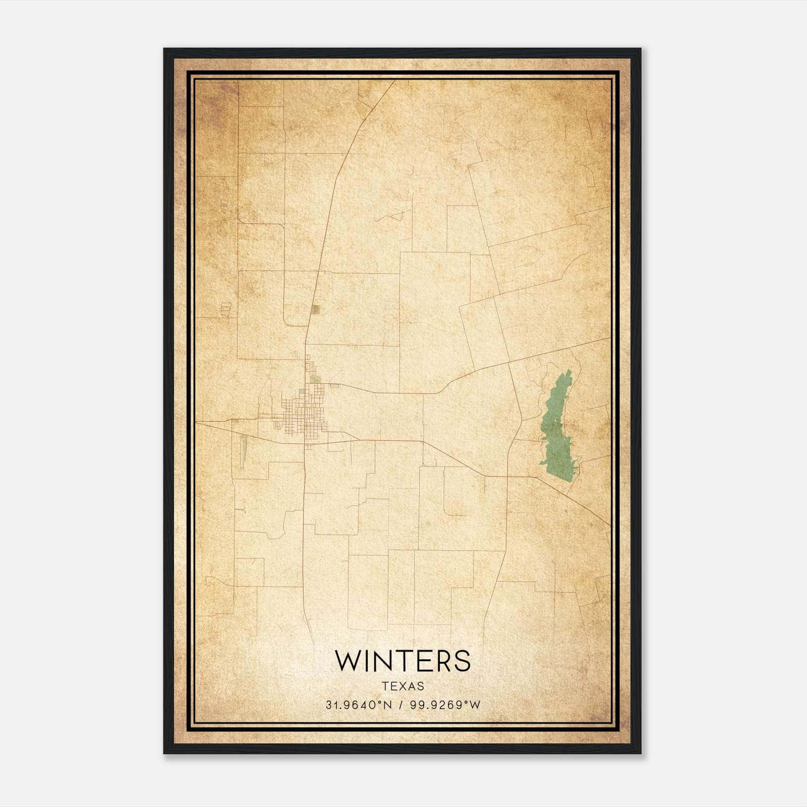 Vintage Winters Texas Map Poster, Winters TX City Road Wall Art Print ...