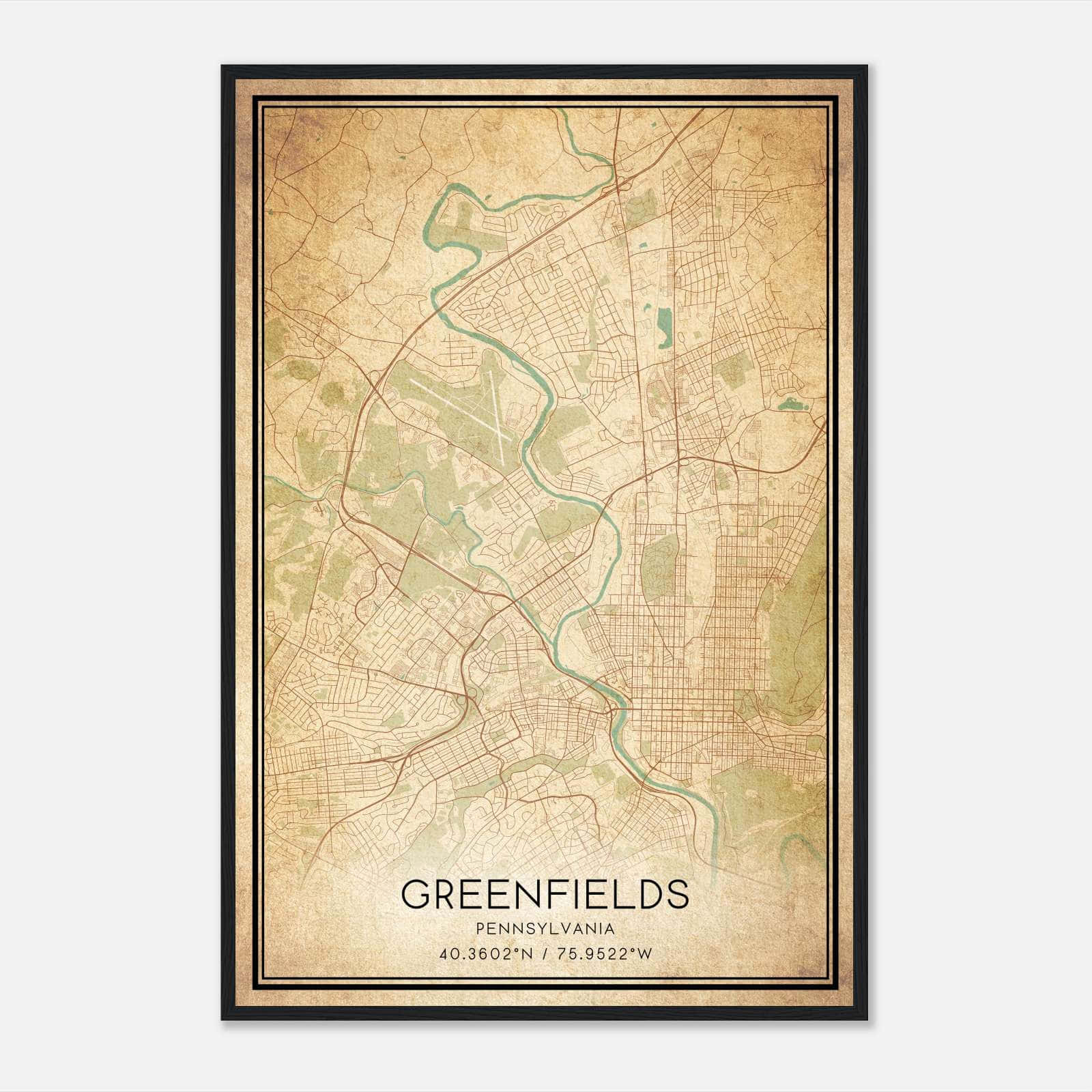 Vintage Greenfields Pennsylvania Map Poster, Greenfields PA City Road ...