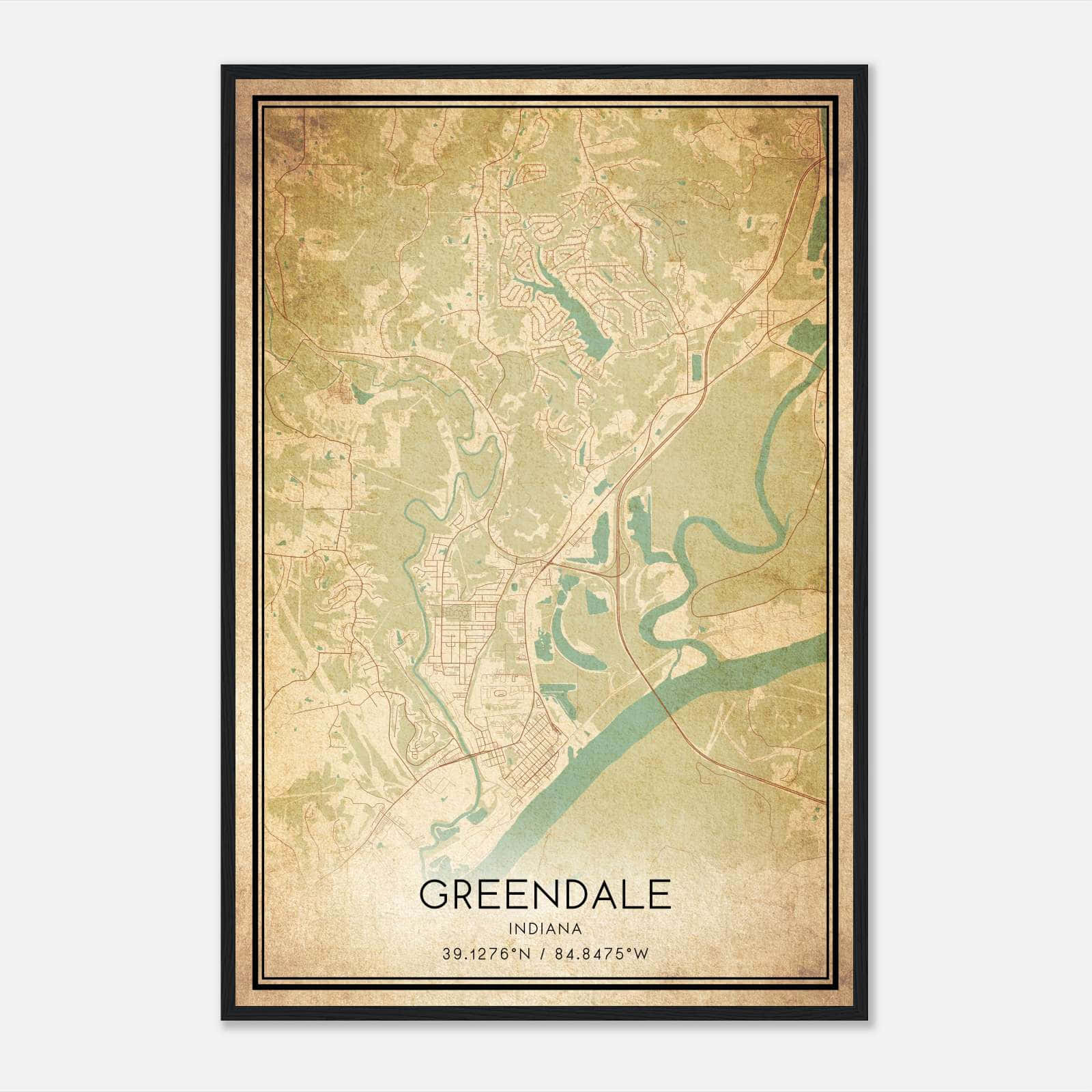 Vintage Greendale Indiana Map Poster, Greendale IN City Road Wall Art ...